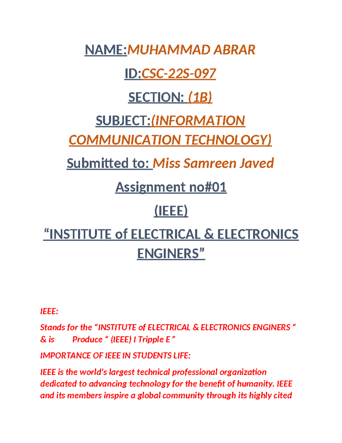 Muhammad Abrar - i am a student - NAME:MUHAMMAD ABRAR ID:CSC-22S- SECTION: (1B) SUBJECT ...