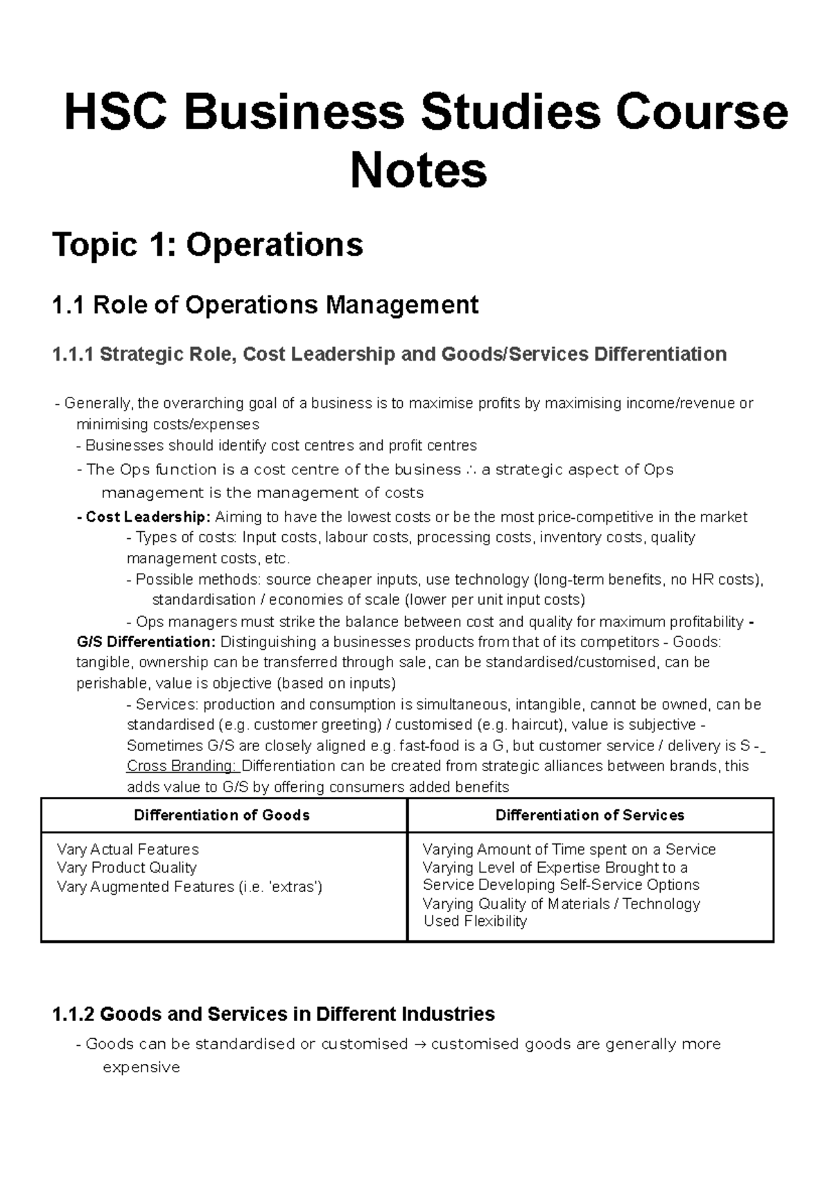 Business notes - HSC Business Studies Course Notes Topic 1: Operations ...