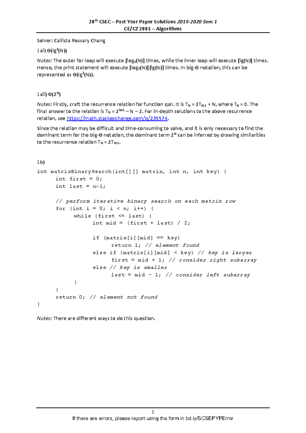 CX2001 Y19-20 S1 - pyp - CE/CZ 2001 – Algorithms 1 Solver: Callista ...