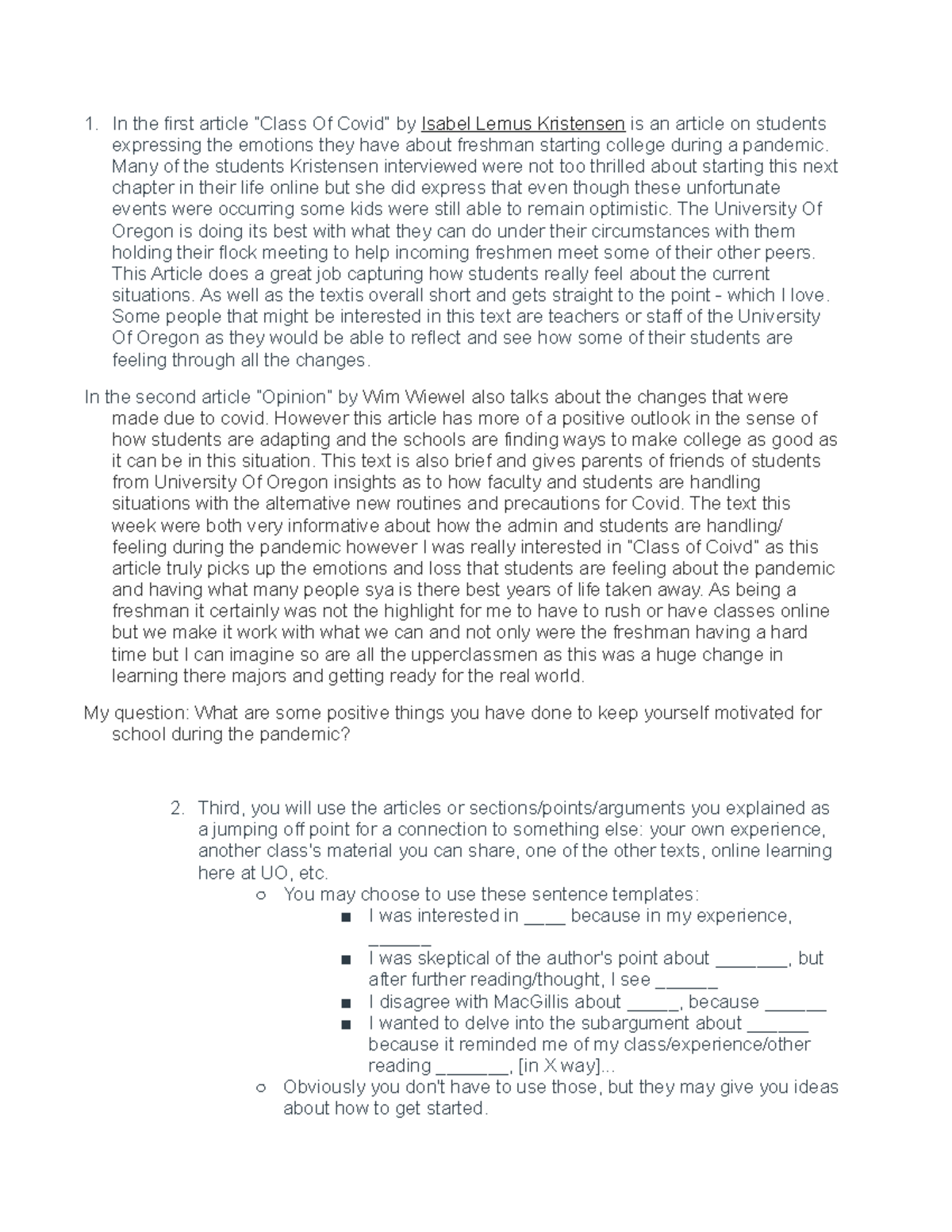 Wr 121 notes - In the first article “Class Of Covid” by Isabel Lemus ...