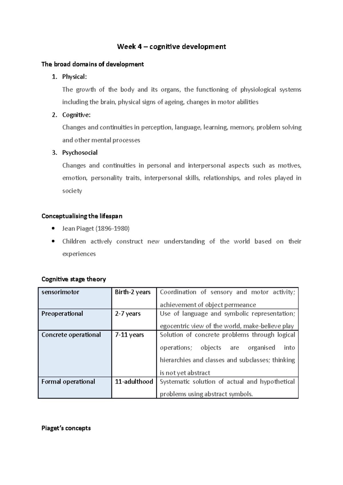 Cognitive development - Week 4 – cognitive development The broad ...