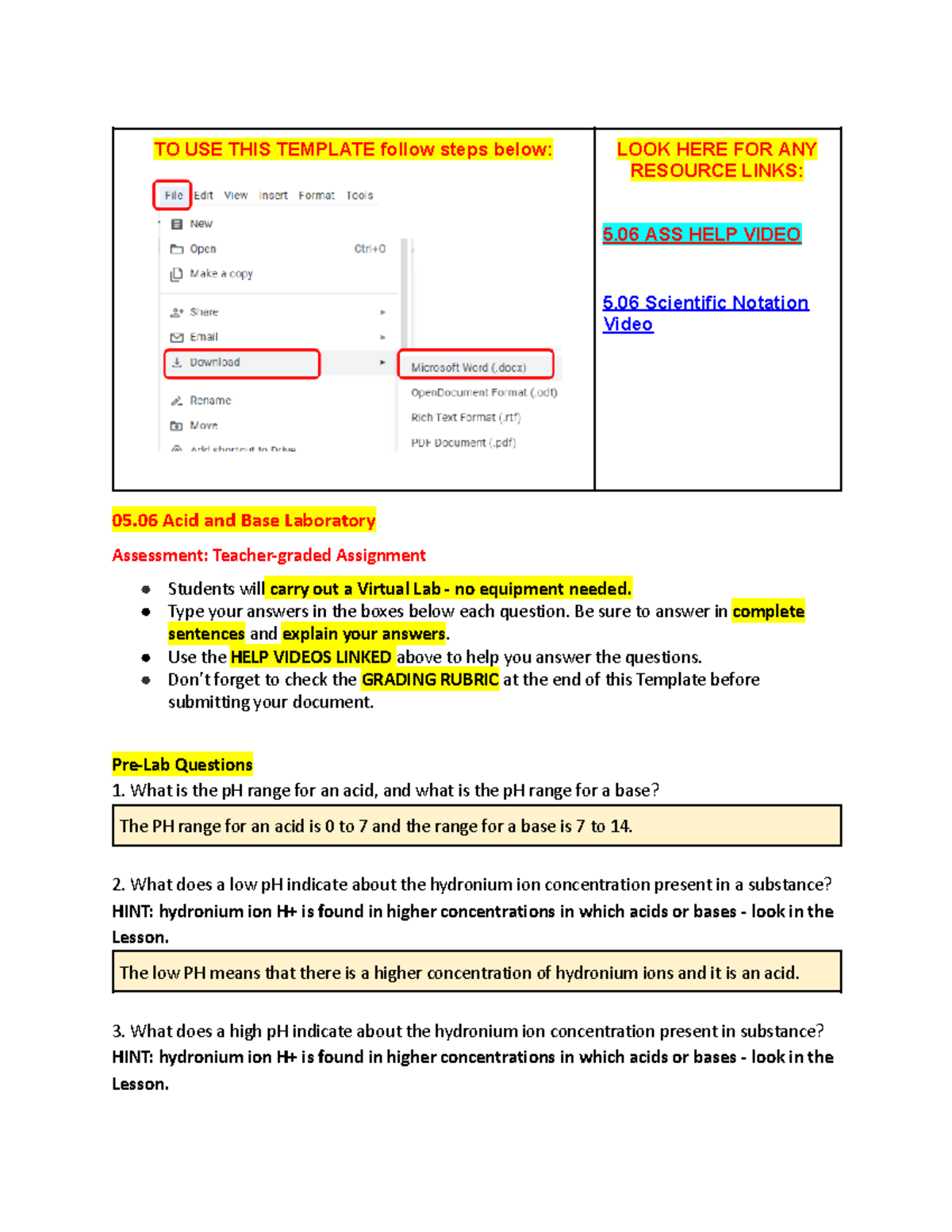 Copy of 05.06 Acid and Base Laboratory Template - TO USE THIS TEMPLATE ...