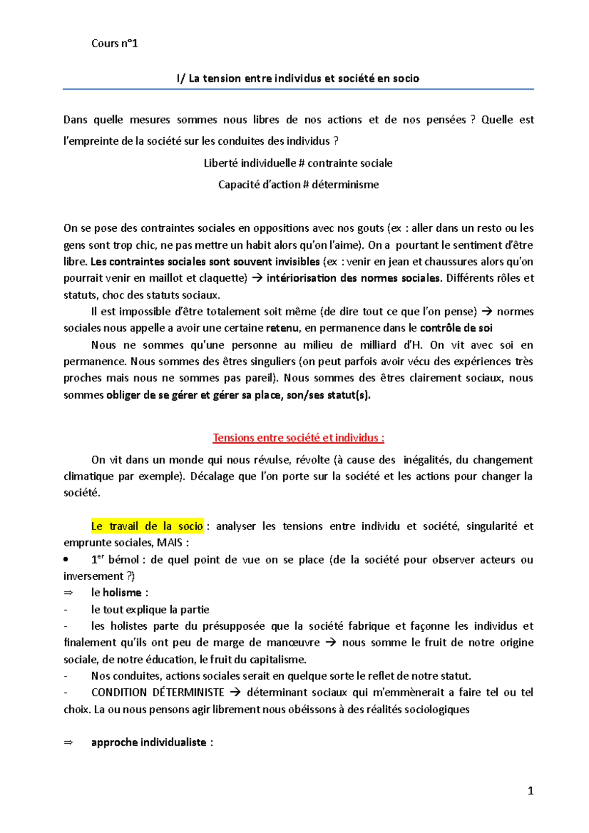 1. Tension entre individu et société - Cours n° I/ La tension entre ...
