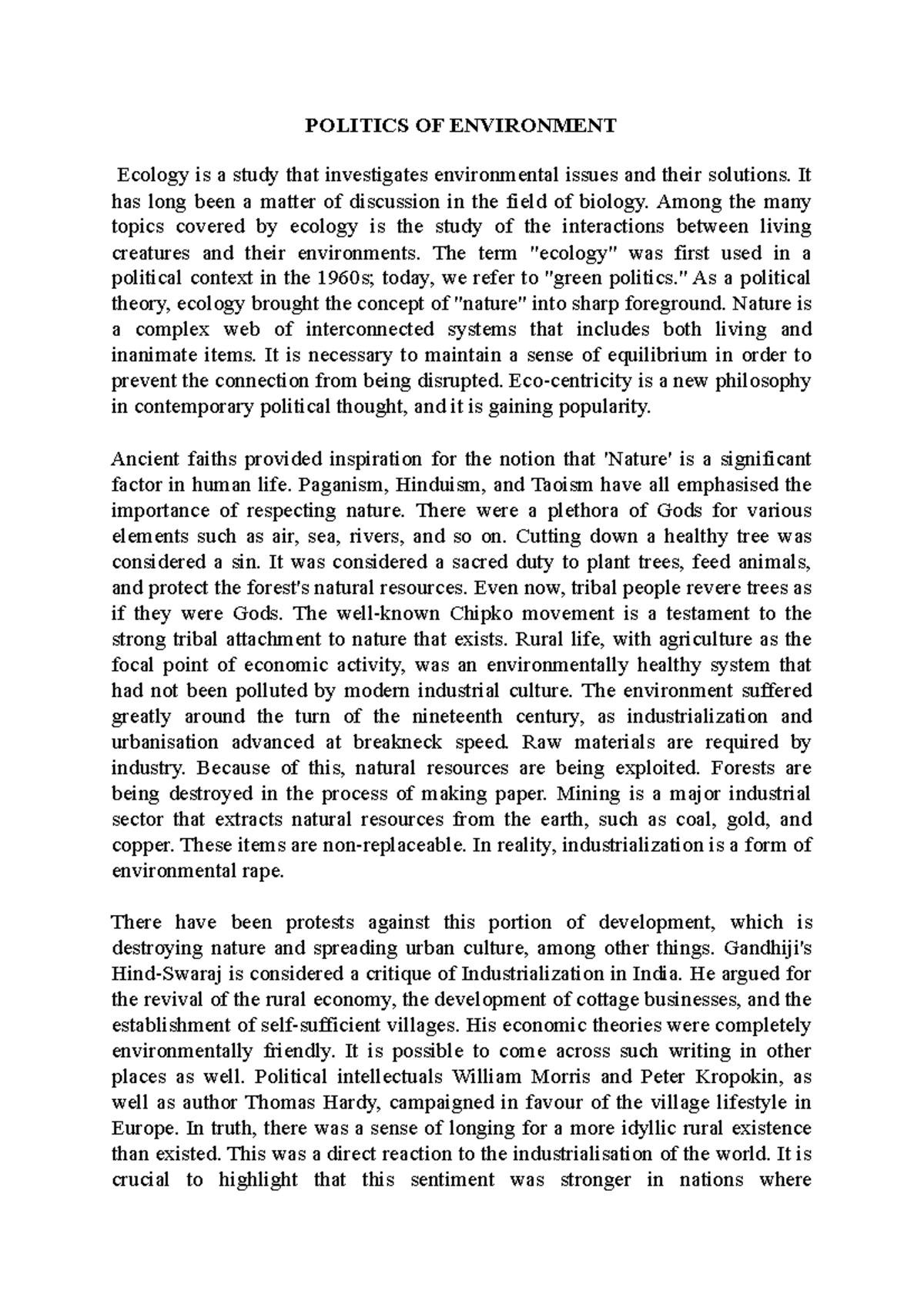 Politics OF Environment - POLITICS OF ENVIRONMENT Ecology is a study ...