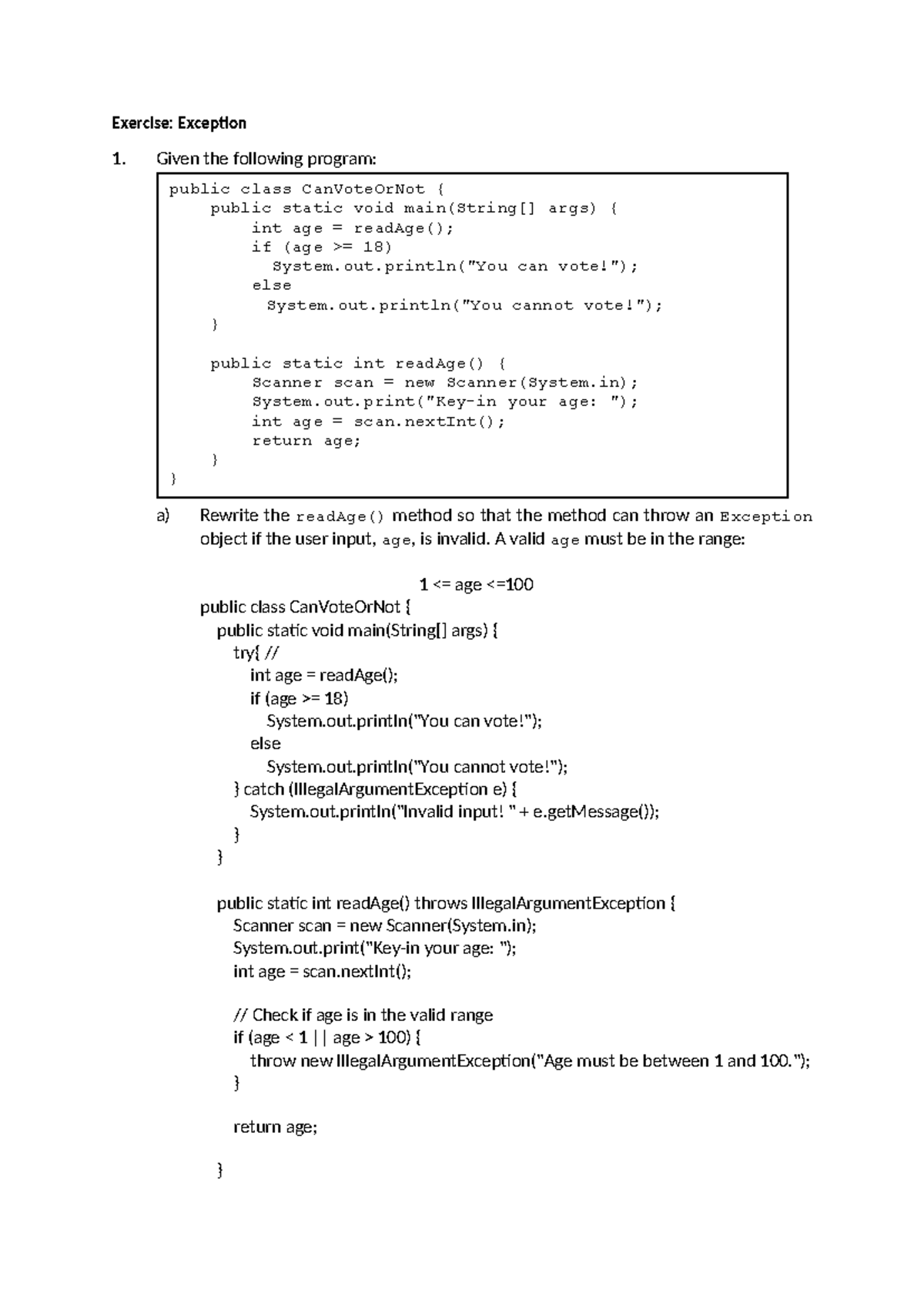 Exception 1 - AIsa - Exercise: Exception 1. Given the following program: a) Rewrite the readAge ...