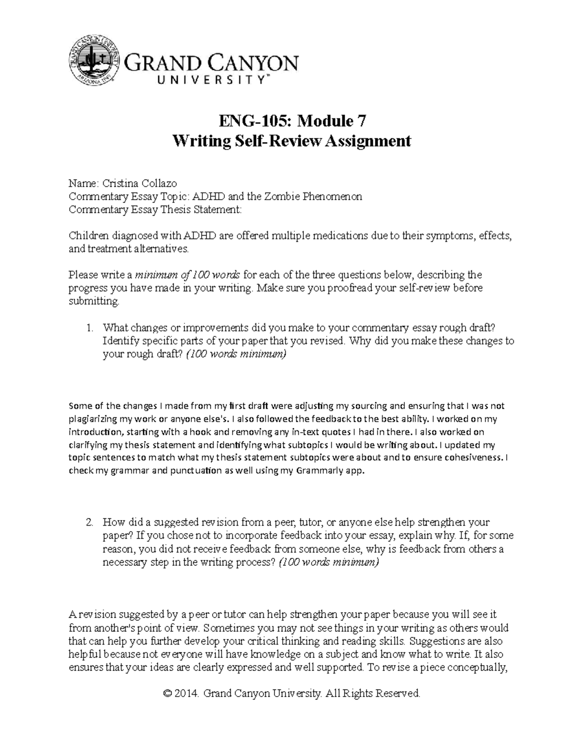 ENG105 Self Review Assignment - ENG-105: Module 7 Writing Self-Review ...
