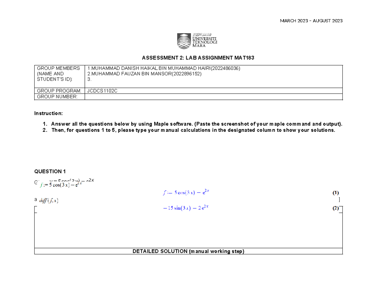 Calculus Assasment 1 - MAT183 Assignment 1 - ASSESSMENT 2: LAB ...