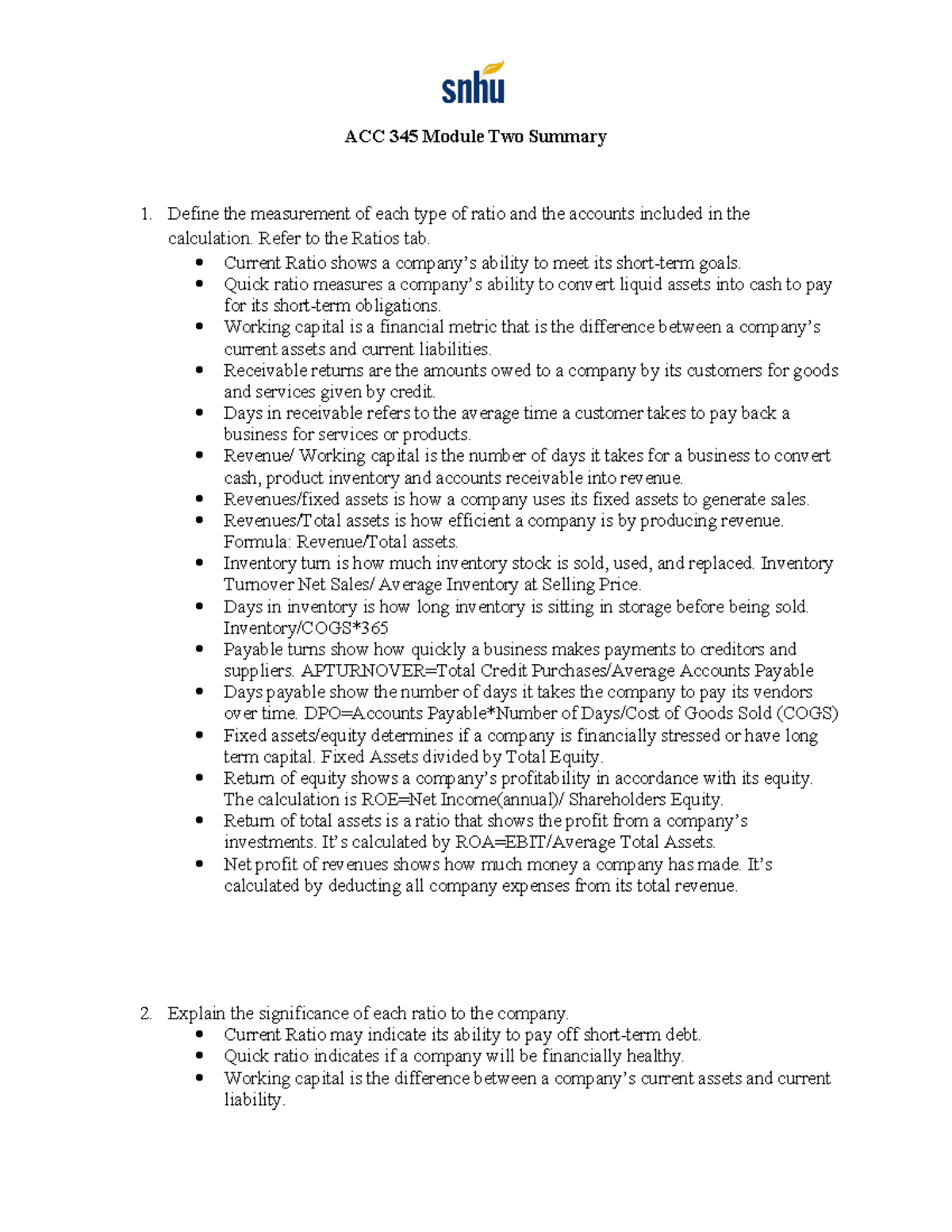 ACC 345 Module Two Summary donne - ACC 345 Module Two Summary Define ...