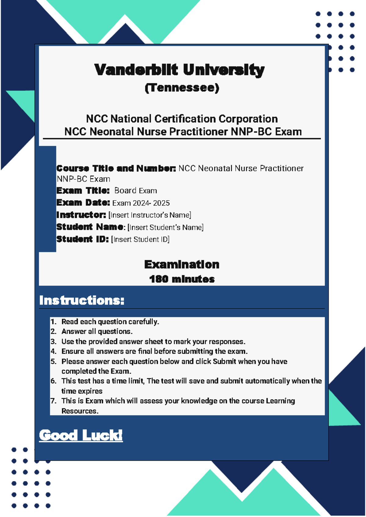 NCC Board Review NNP Exam Practice Test Questions with Correct Answers ...