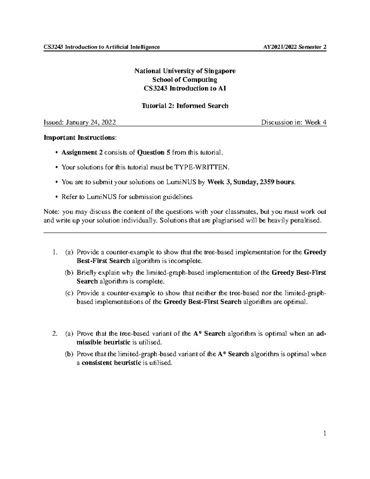 T02 (W4) Tutorial 2 - CS3243 Introduction to Artificial Intelligence AY2021/2022 Semester 2 ...