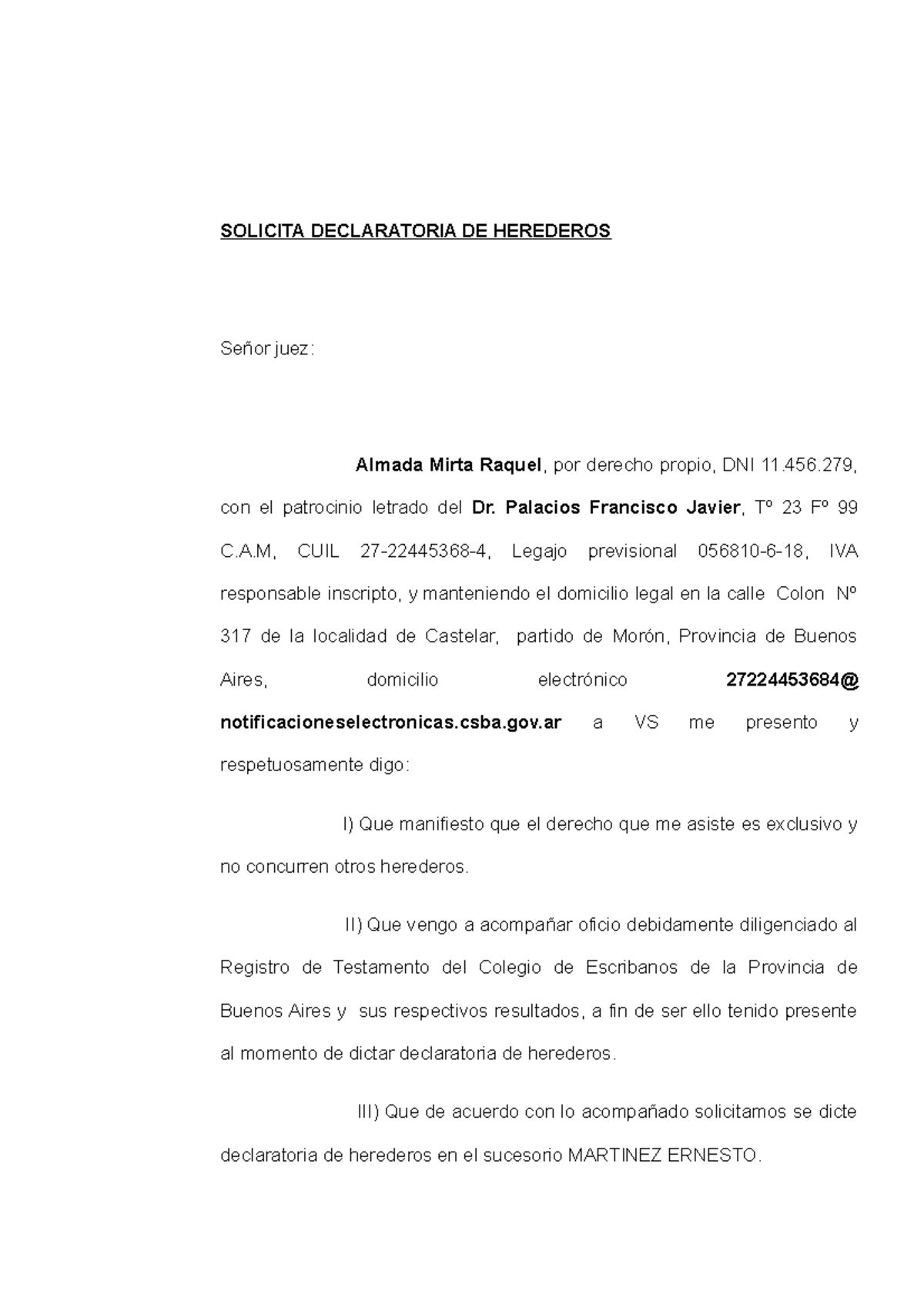 Solicita Declaratoria DE Herederos - SOLICITA DECLARATORIA DE HEREDEROS ...