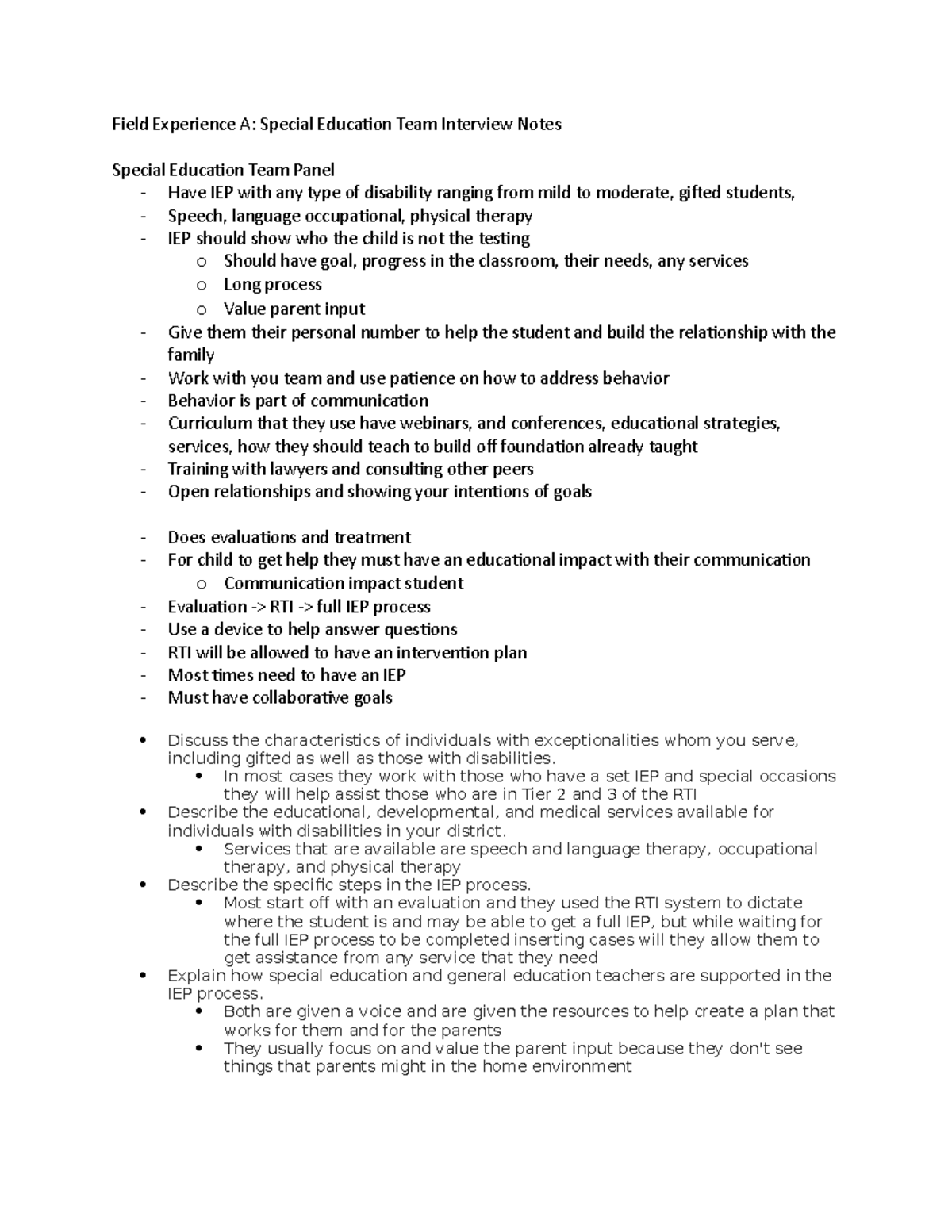 Field Experience A Interview Notes - Field Experience A: Special ...