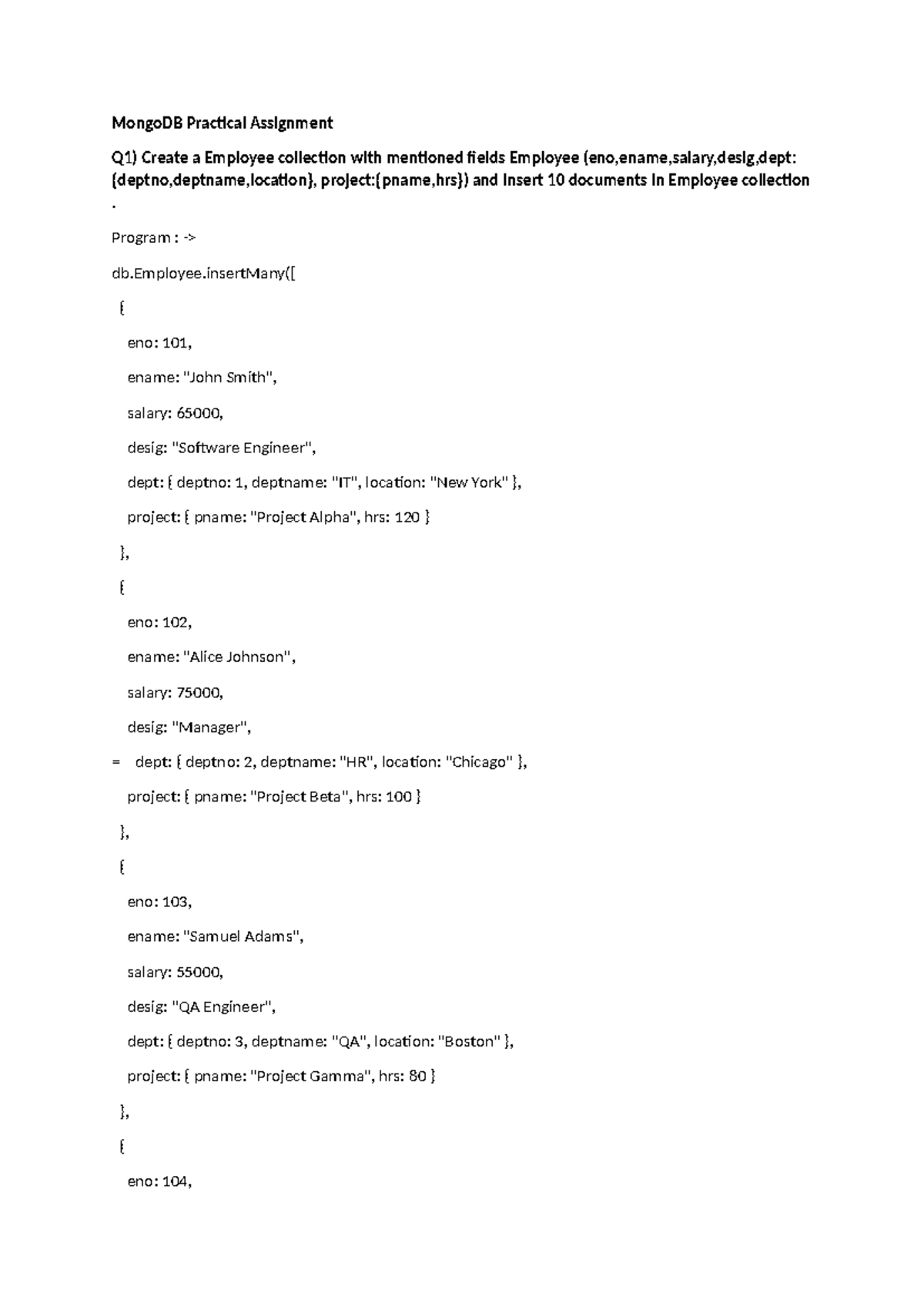 AWT Practicals - MongoDB Practical Assignment Q1) Create a Employee ...