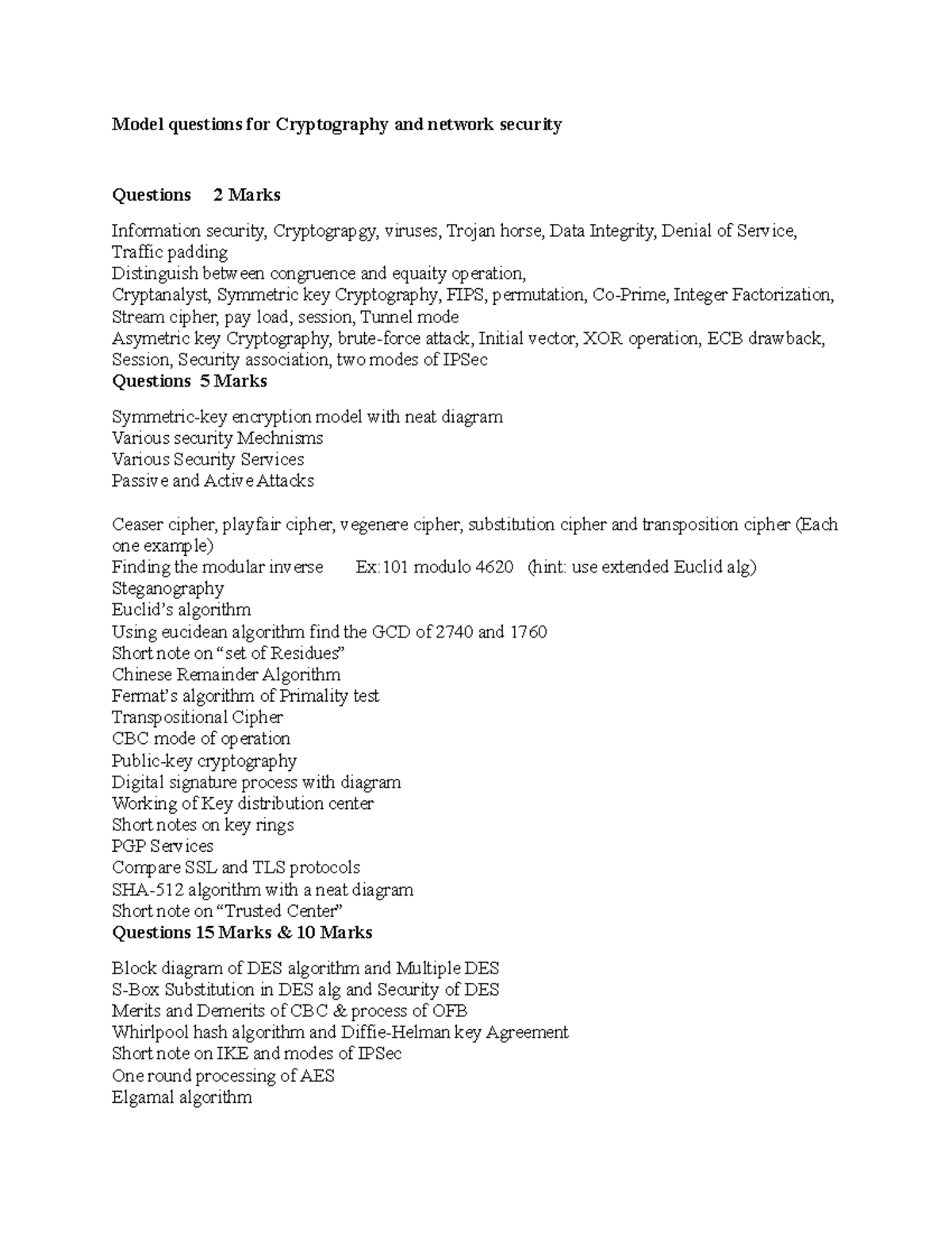 Most likely questions - Model questions for Cryptography and network security Questions 2 Marks ...