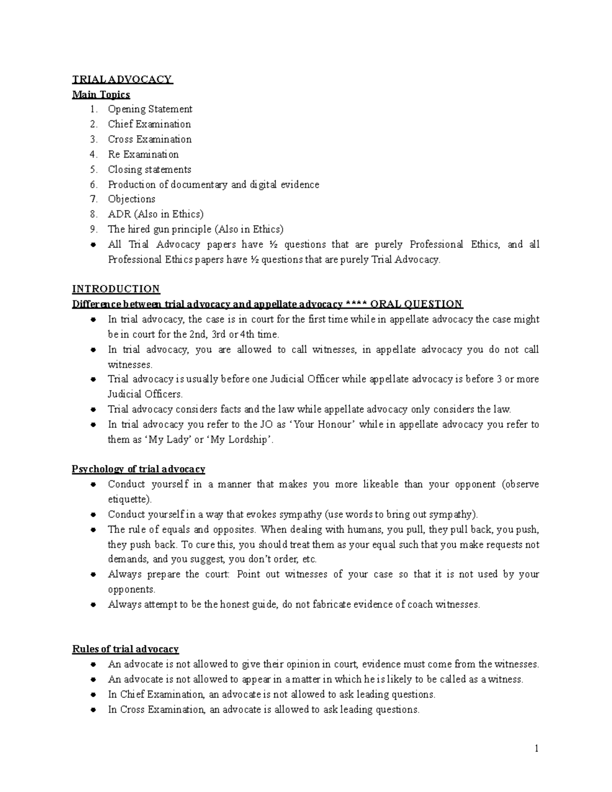 Trial Process and Advocacy - TRIAL ADVOCACY Main Topics 1. Opening ...