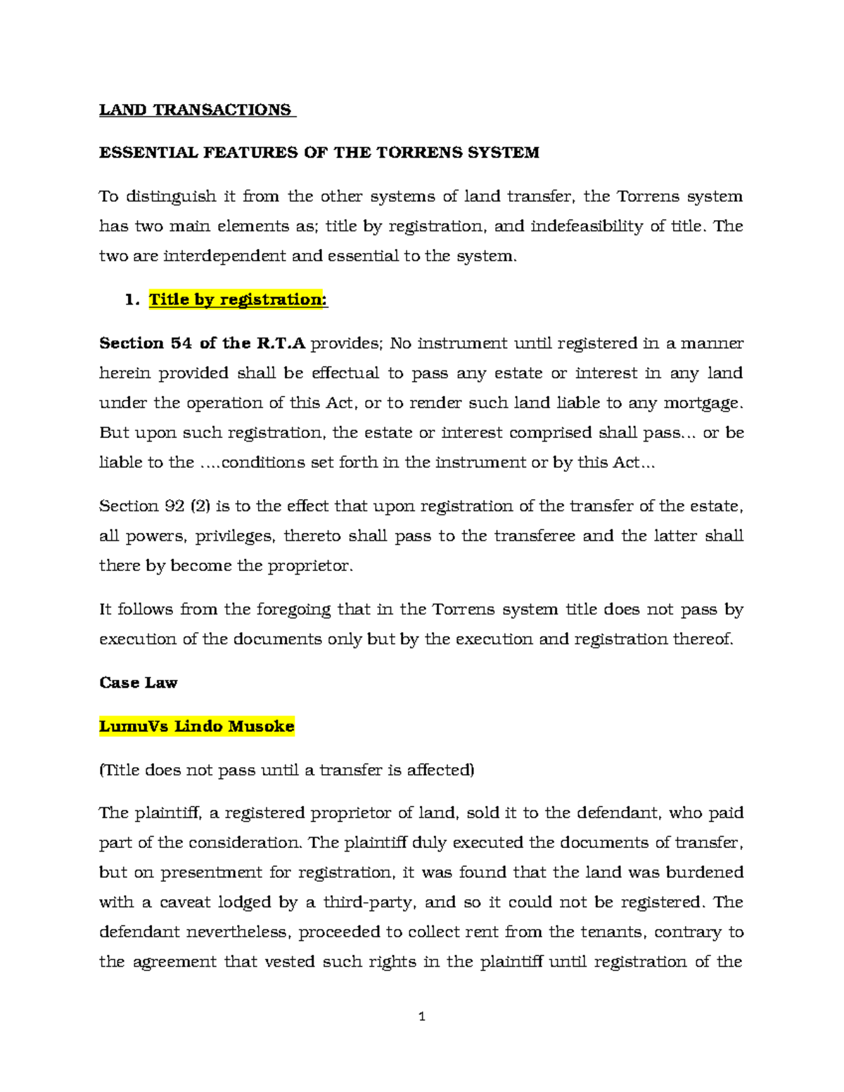 Land law 2 notes - Brief on Land law - LAND TRANSACTIONS ...