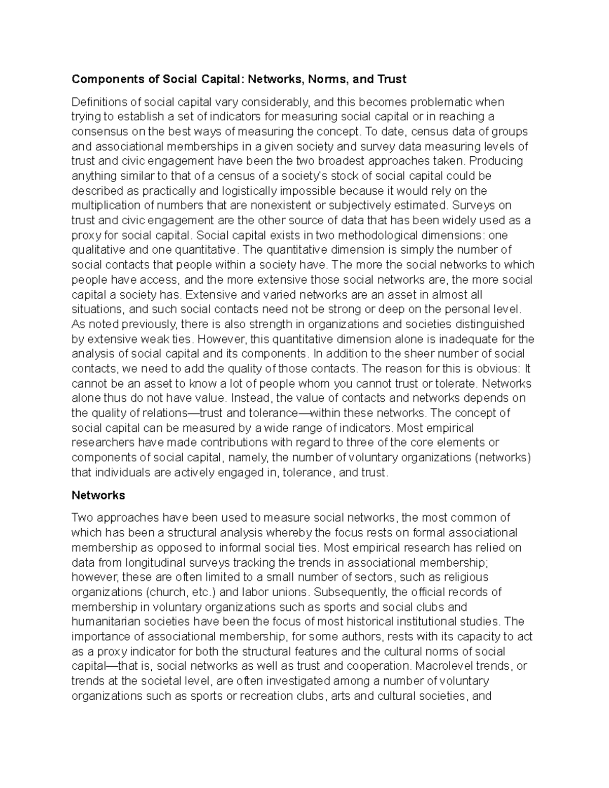 Components of Social Capital - To date, census data of groups and ...