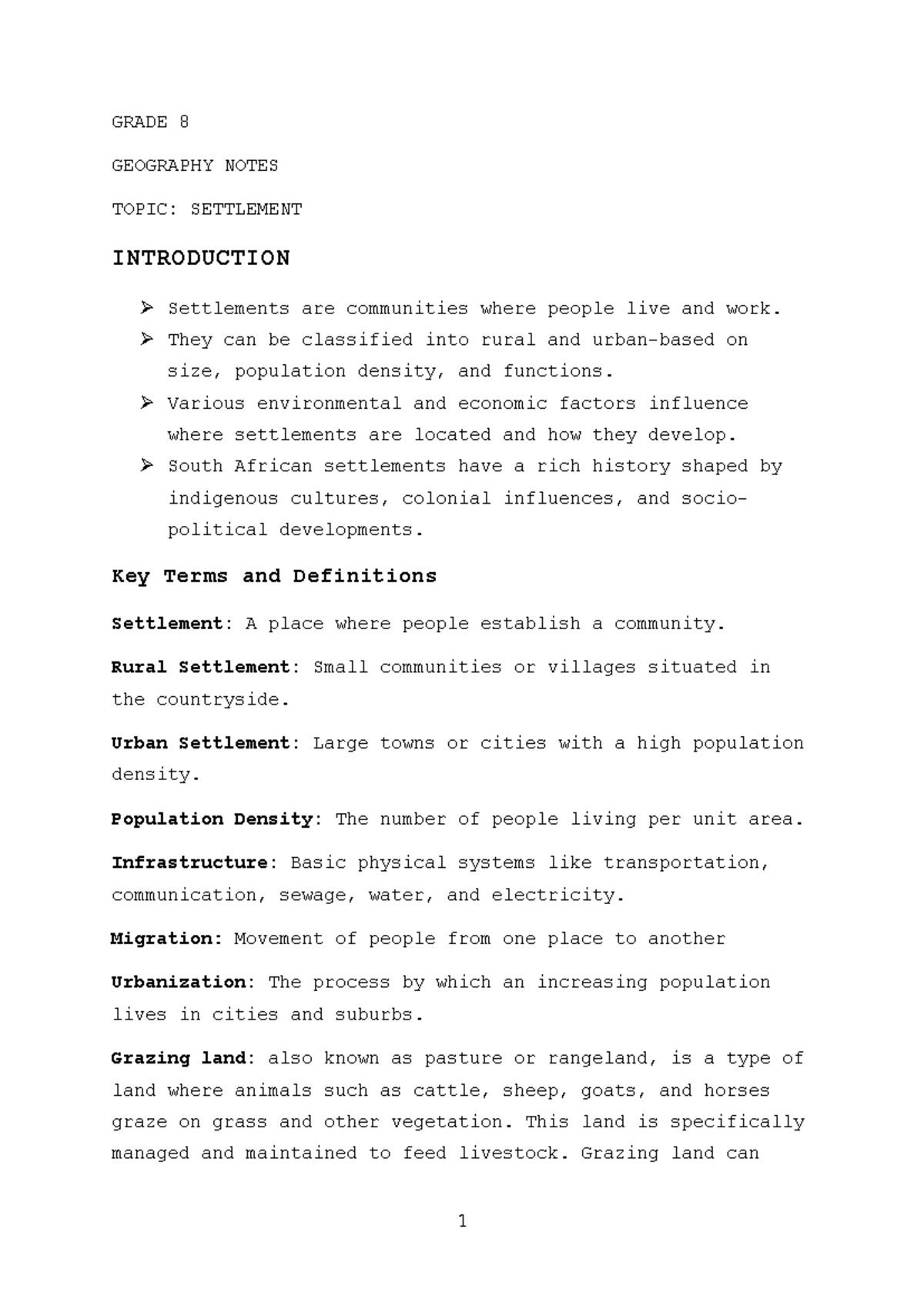 Grade 8 Geography settlement notes - GRADE 8 GEOGRAPHY NOTES TOPIC ...