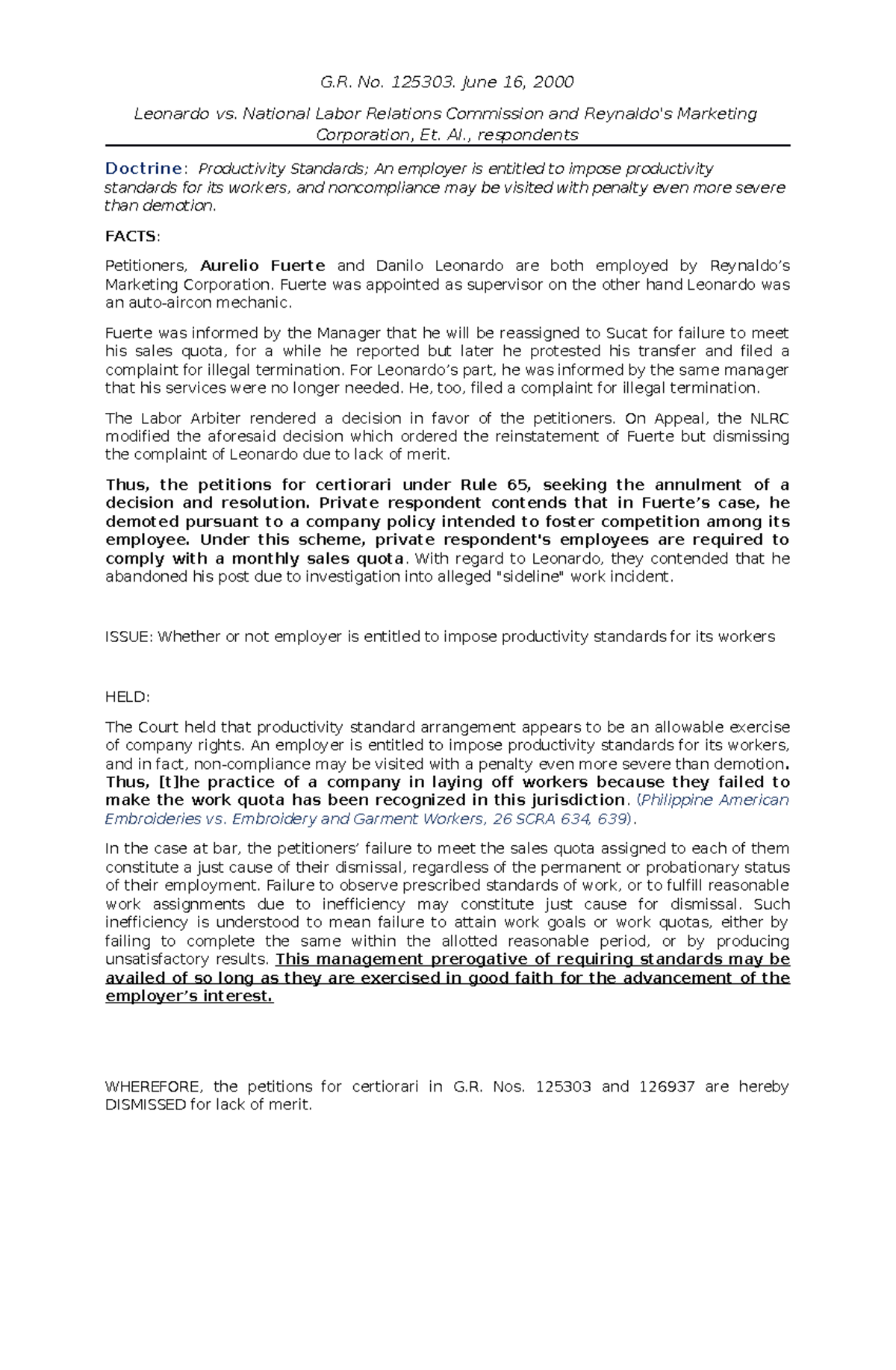 Leonardo vs. National Labor Relations Commission - G. No. 125303. June ...
