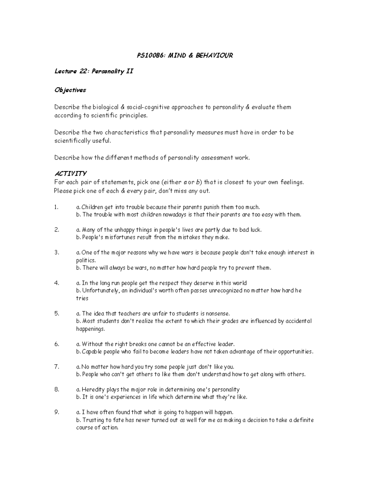 Lecture 22 Personality II Handout - PS10086: MIND & BEHAVIOUR Lecture 22: Personality II - Studocu