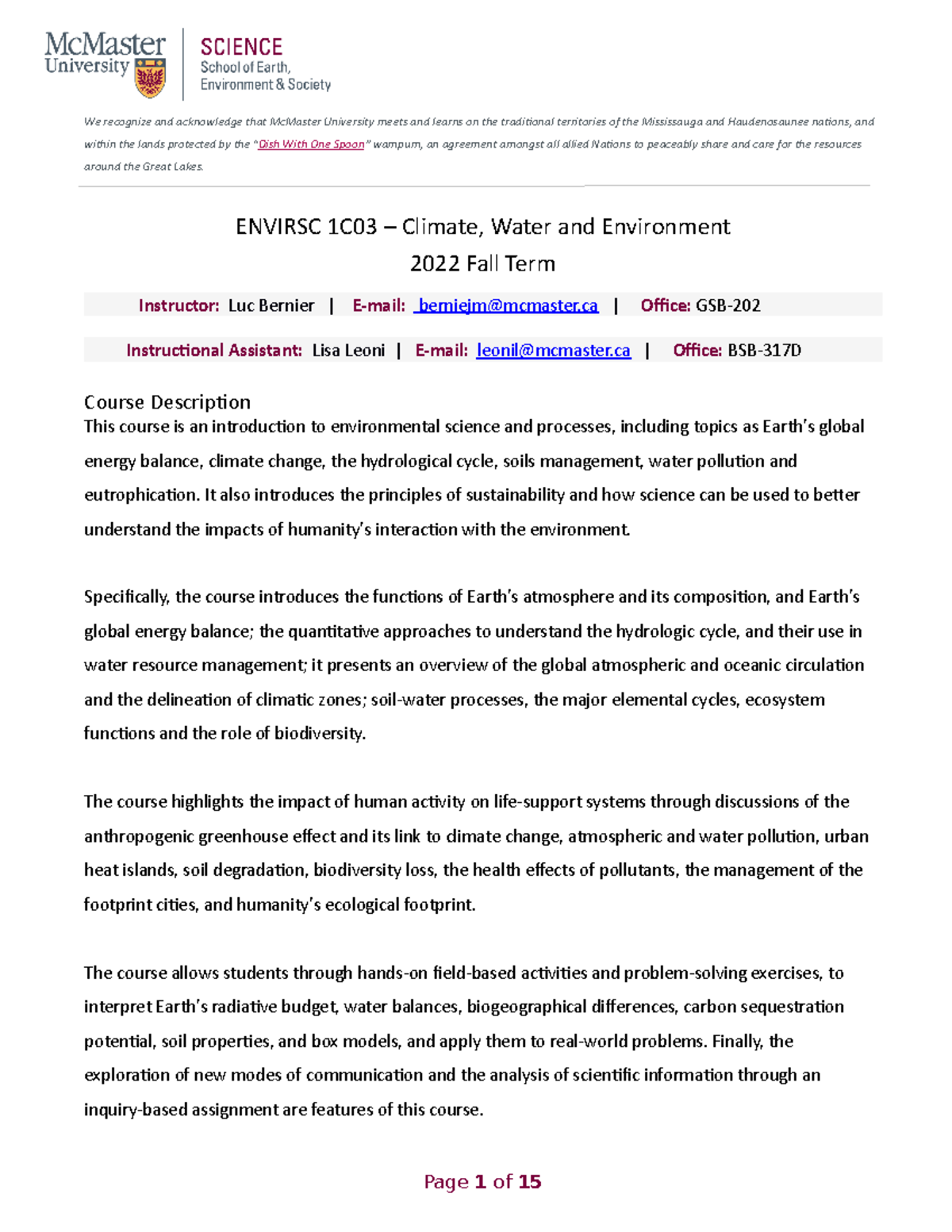 Envirsc-1C03-Fall - course outline - We recognize and acknowledge that ...