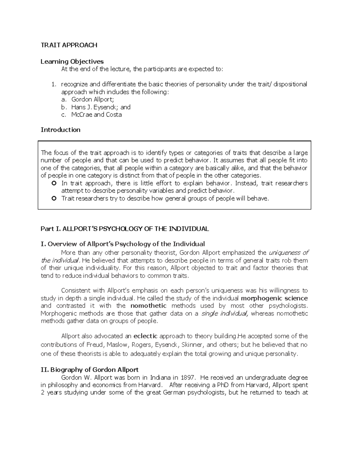 Trait- Approach-PART-1 - TRAIT APPROACH Learning Objectives At the end ...