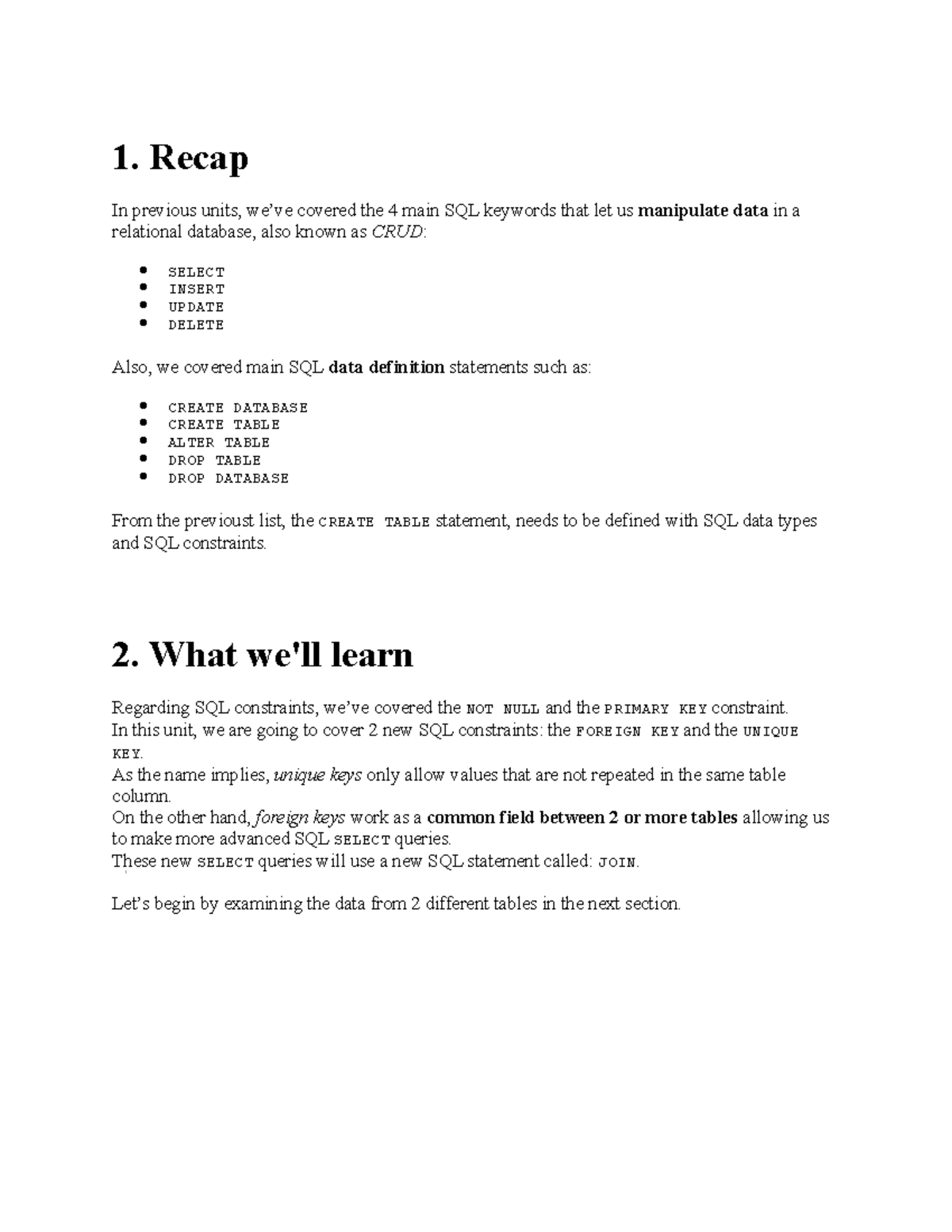 Dad 220 Codio Week Five Assignment 1 Recap In Previous Units Weve Covered The 4 Main Sql