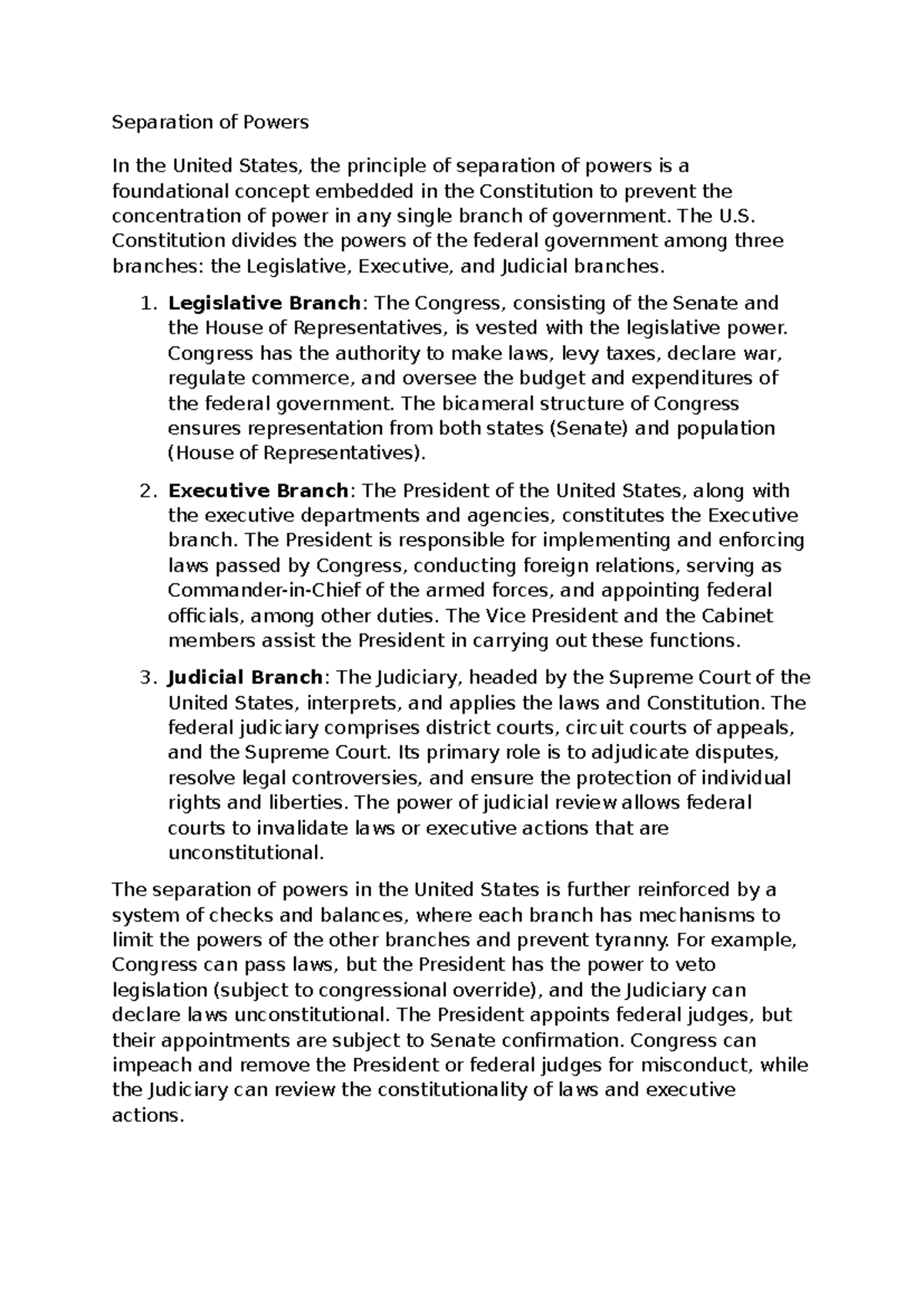 Separation of powers - The U. Constitution divides the powers of the ...