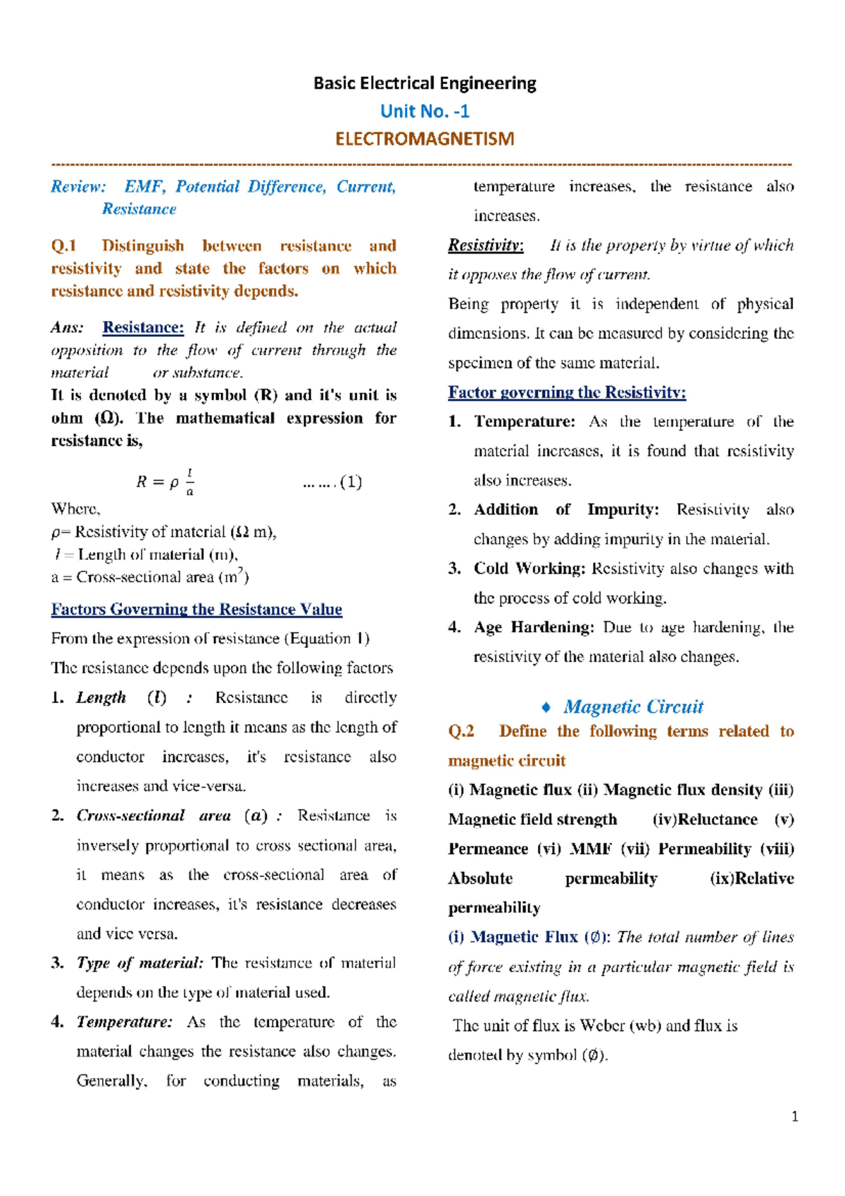 Insem BEE notes - Basic Electrical Engineering Unit No ...