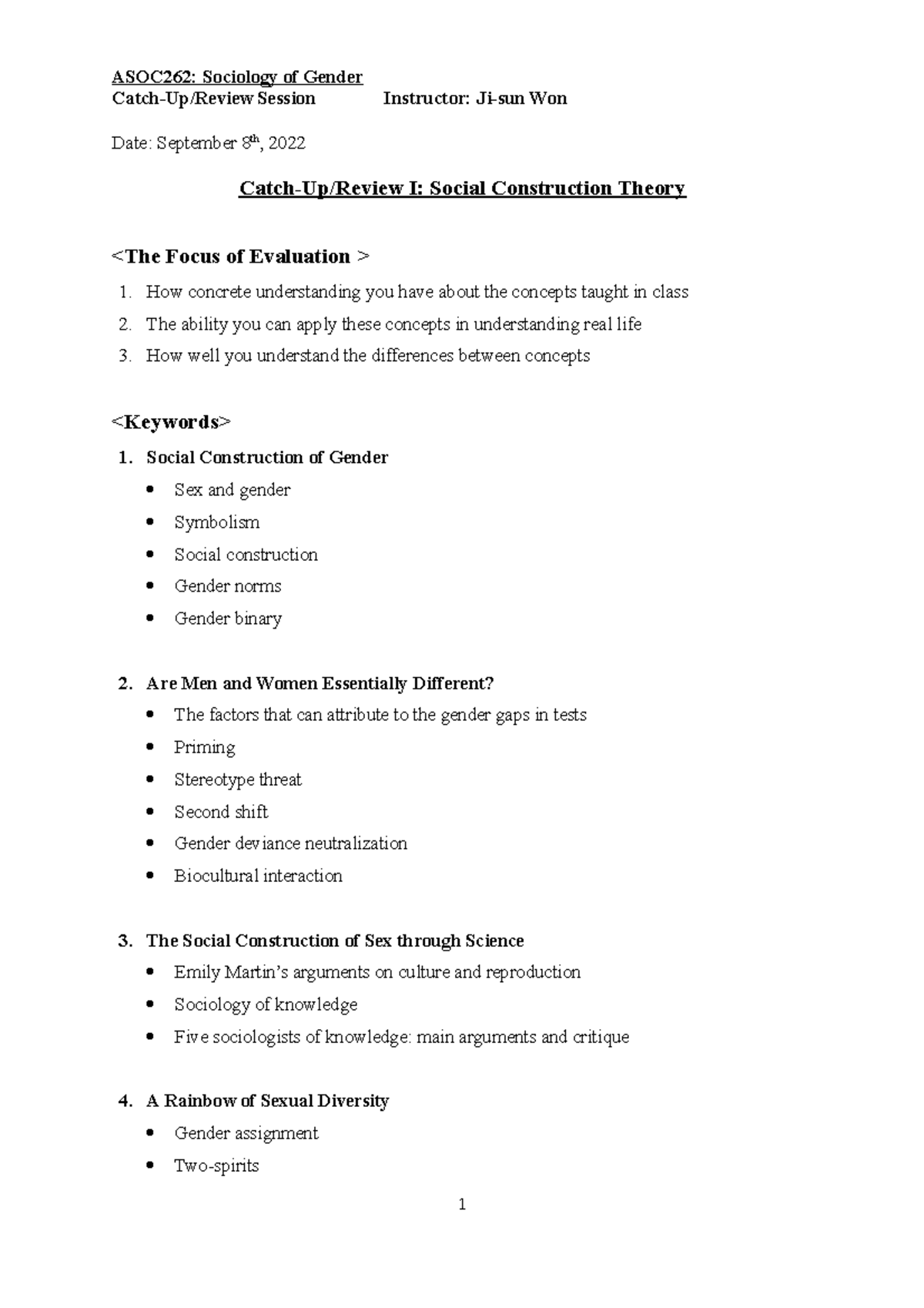 Catch-up Review I - exam 1 study guide - ASOC262: Sociology of Gender ...