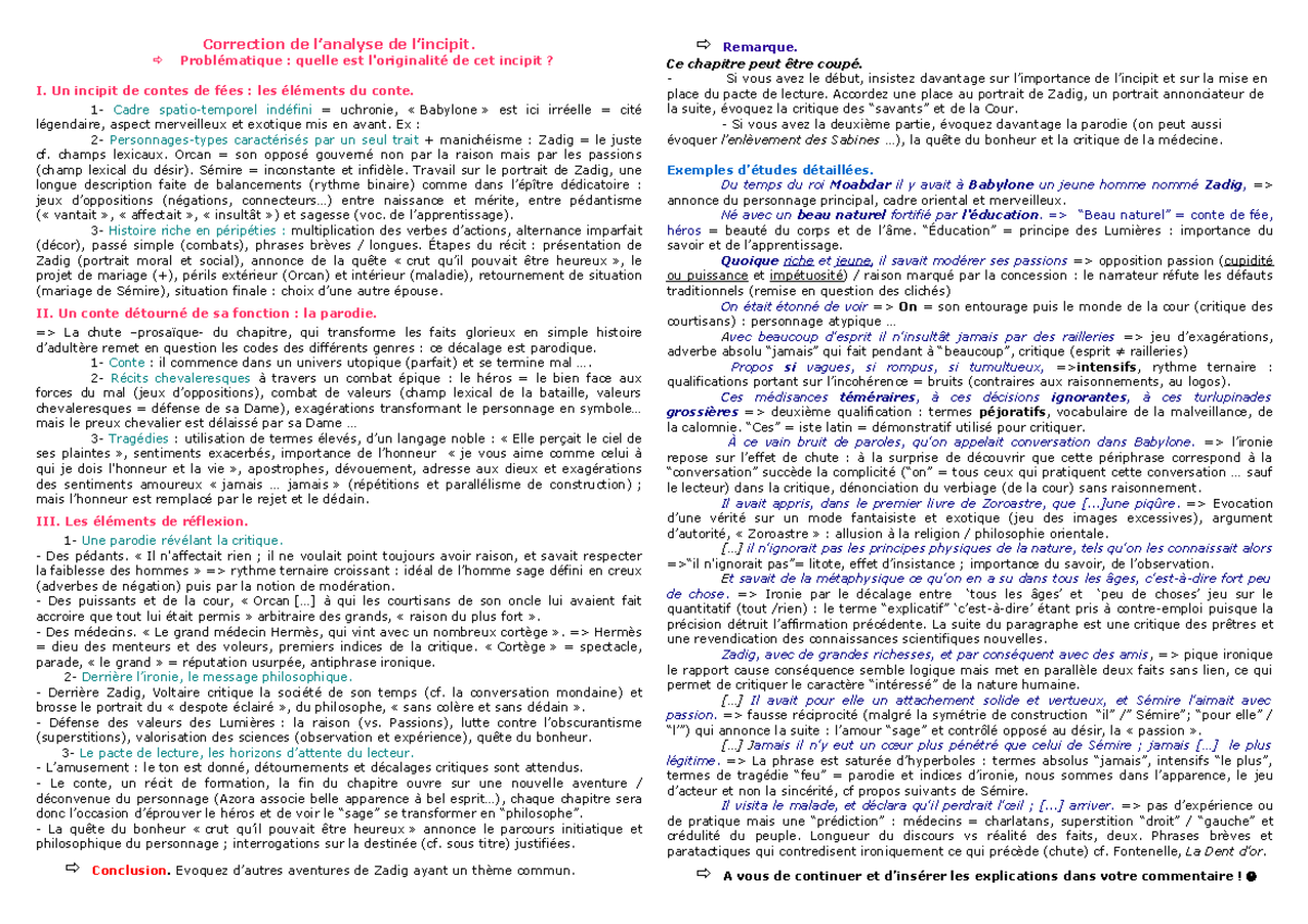 analyse incipit zadig - Correction de l’analyse de l’incipit ...