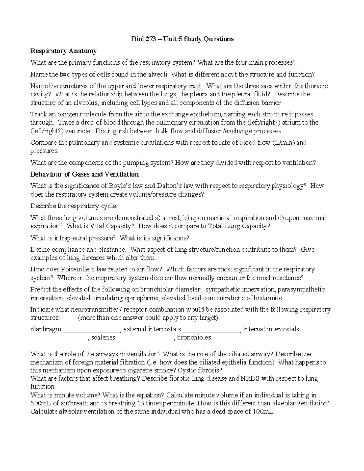 Unit 5 - Review - Biol 273 – Unit 5 Study Questions Respiratory Anatomy ...