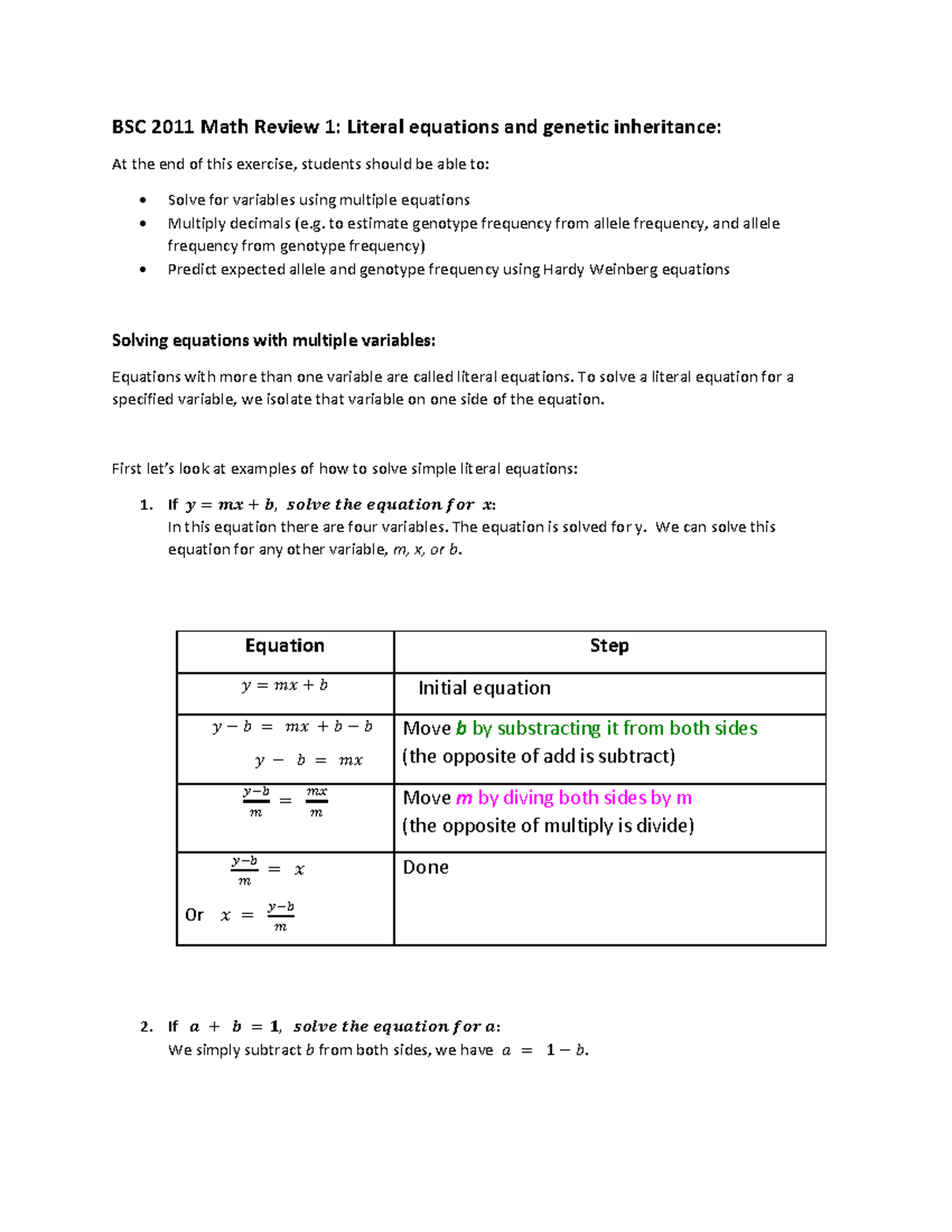 BSC 2011 Math Review 1 Literal equations - BSC 2011 Math Review 1 ...