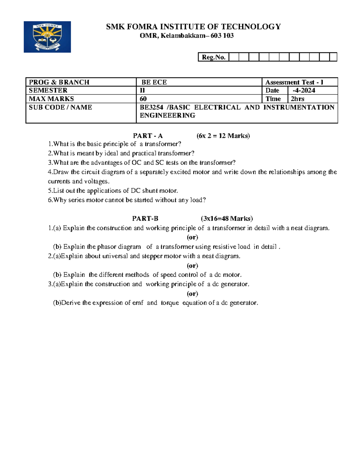 Electrical istrumentation - PROG & BRANCH BE ECE Assessment Test - I ...