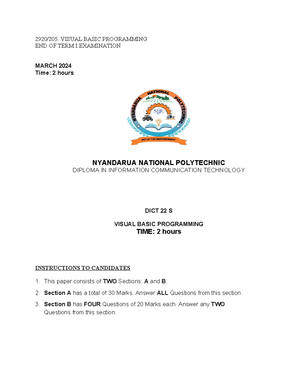 VB TERM 1 DICT 22J - Examinations and assessments - 2920/205: VISUAL ...