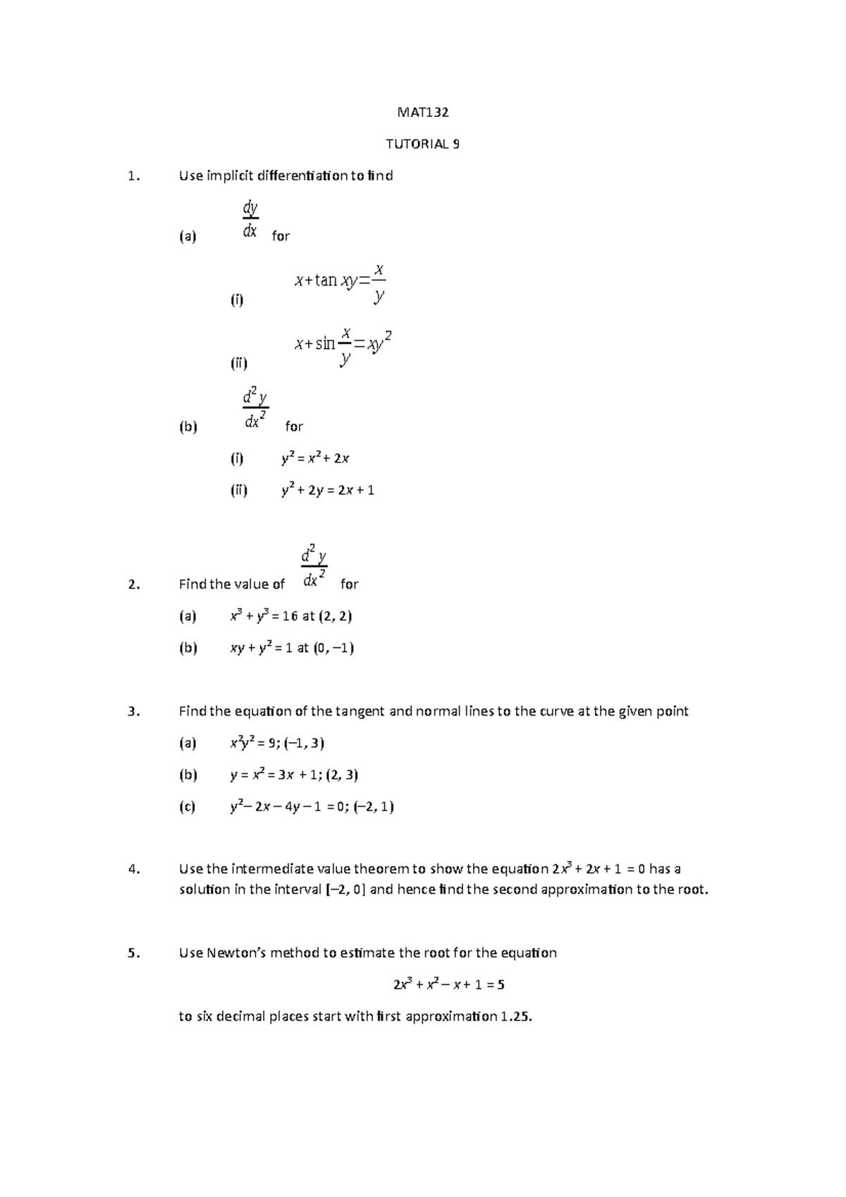 Tutorial 9 - Practice questions for chapter 9 - MAT TUTORIAL 9 Use ...