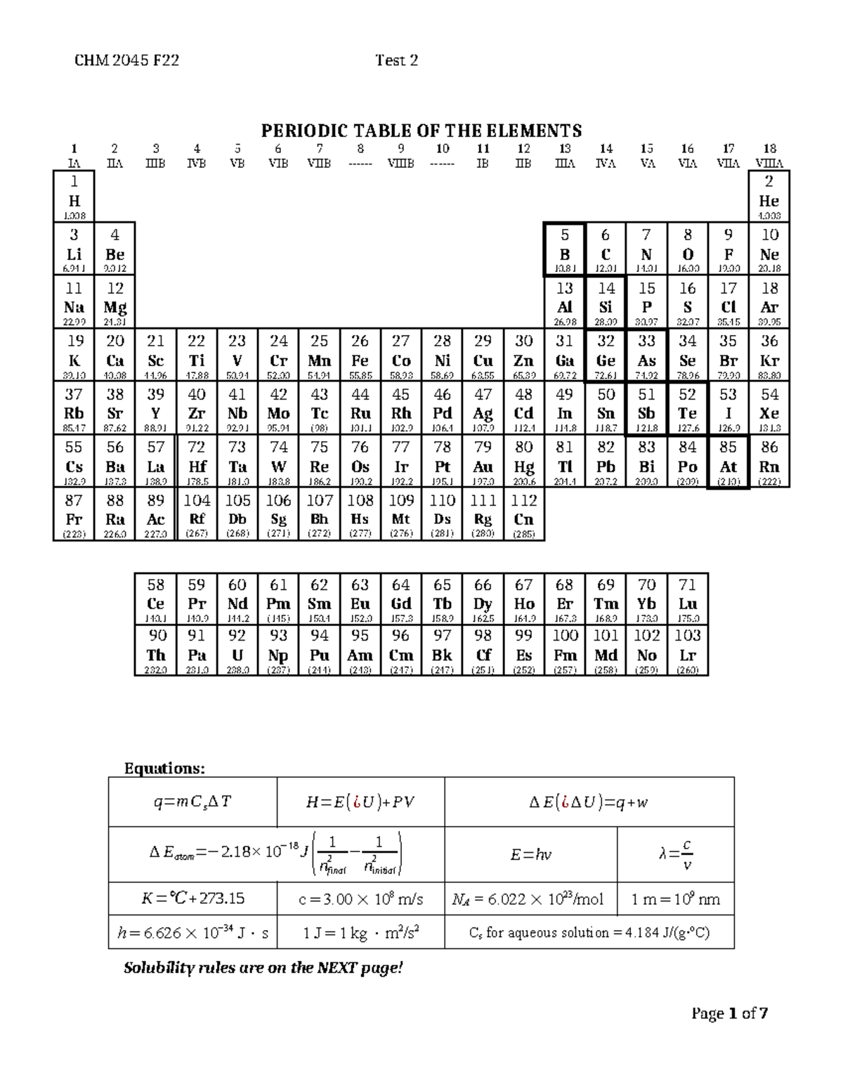 CHM 2045 Exam 2 Practice Test - PERIODIC TABLE OF THE ELEMENTS 1 IA 2 ...