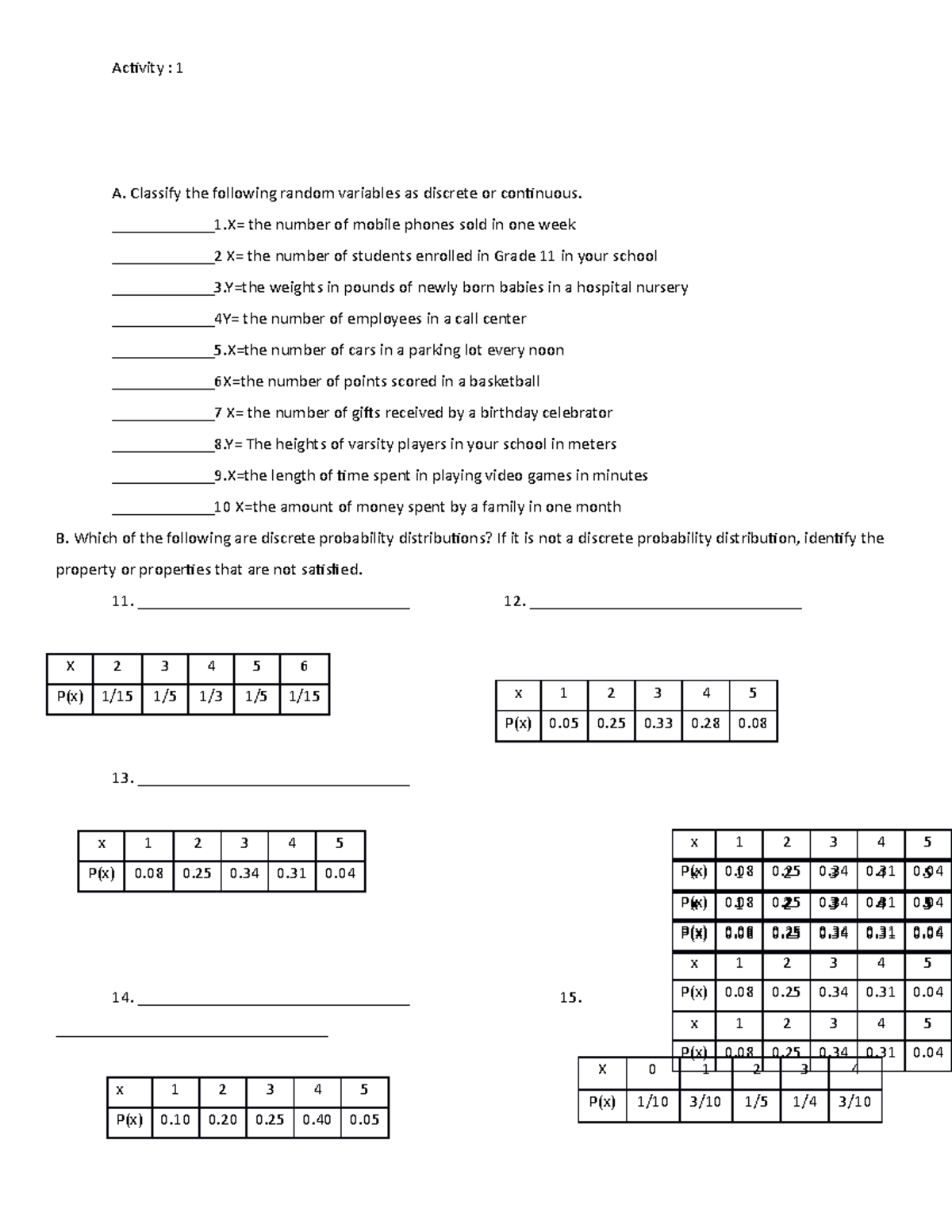 Activity for Random Variables and Discrete Probability Distribution ...