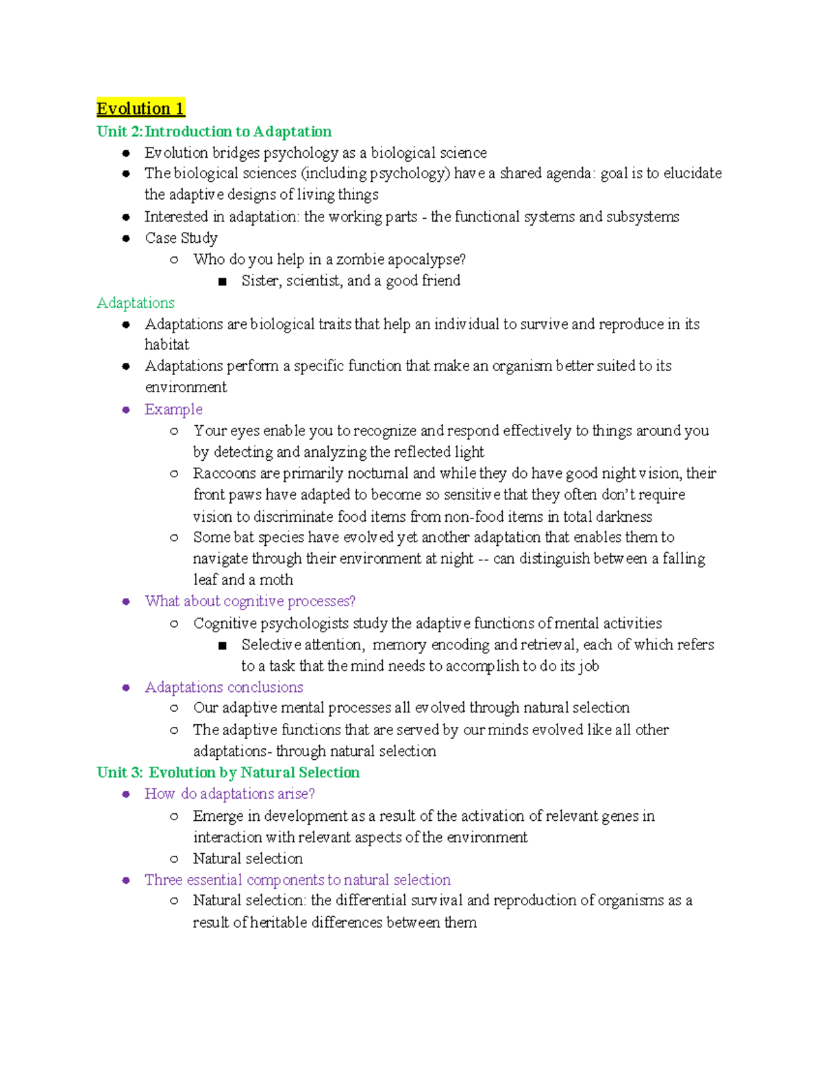 Evolution 1 - notes - Evolution 1 Unit 2:Introduction to Adaptation ...