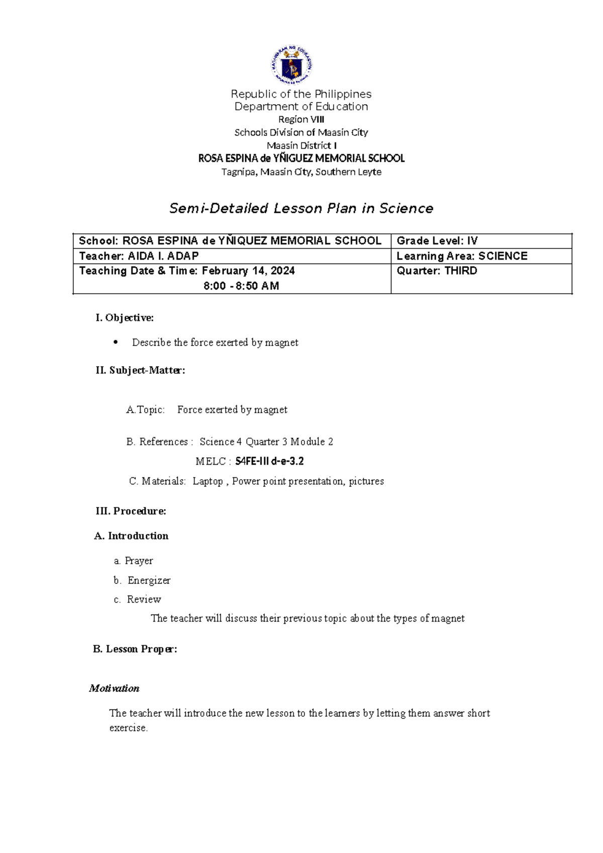 Feruary 14 science semi lp q3w2 - Republic of the Philippines ...