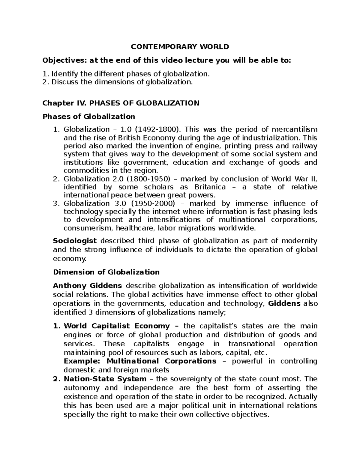 Contemporary World. Lesson 4 - CONTEMPORARY WORLD Objectives: at the ...