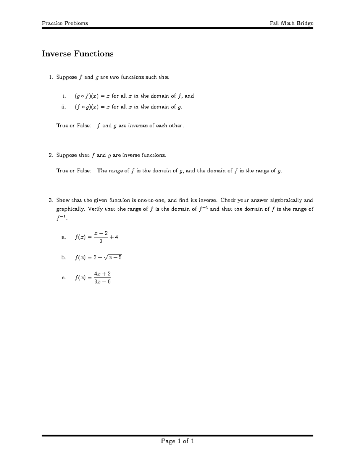 Inverse Functions - vvvvvv - Practice Problems Fall Math Bridge Inverse ...