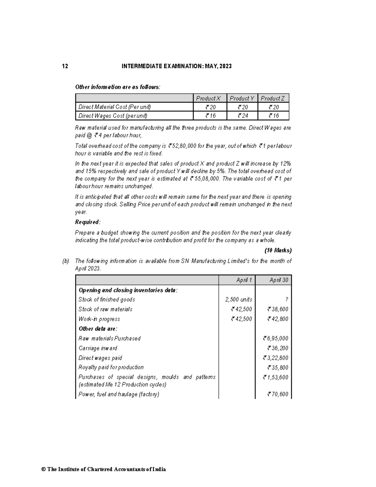 Qs. COST Sheet - 12 INTERMEDIATE EXAMINATION: MAY, 2023 Other ...
