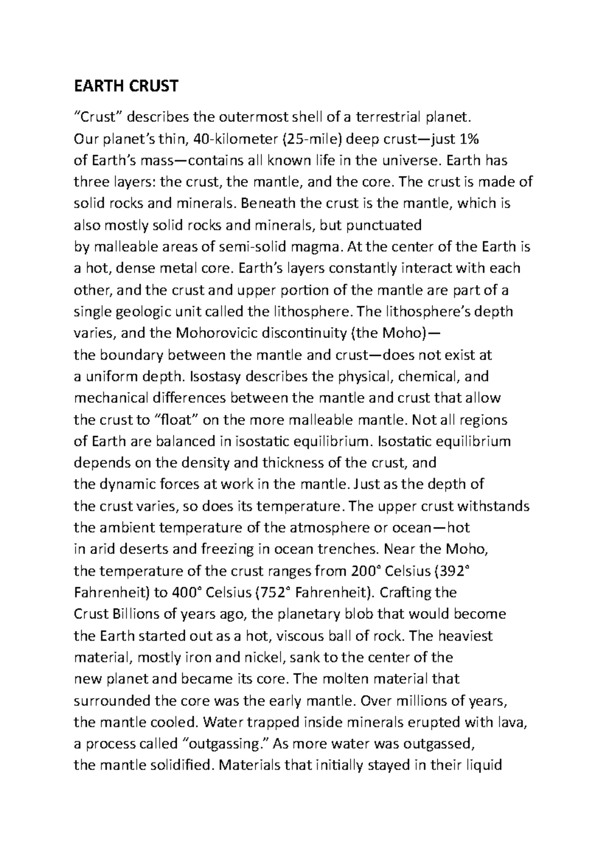 Earth Crust - EARTH CRUST “Crust” describes the outermost shell of a ...