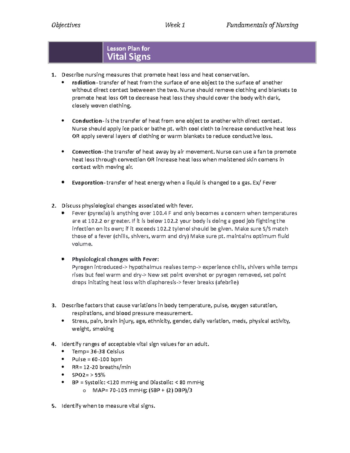 Week 1 Objectives Fundamentals - Lesson Plan for Vital Signs 1 ...