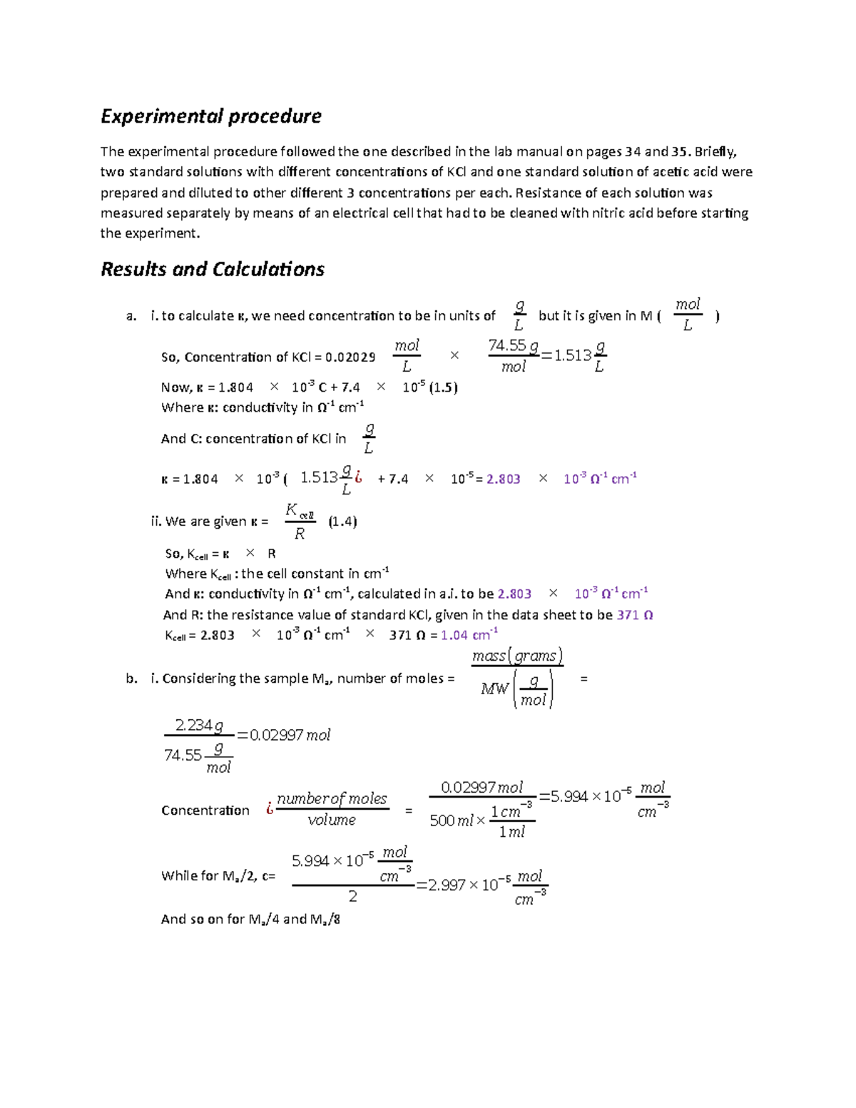 Conductivity - InClass work/assignments/labs - Experimental procedure The experimental procedure ...