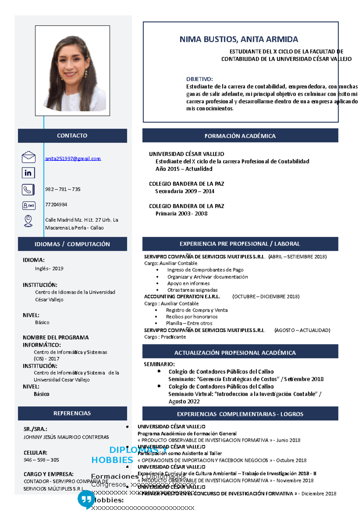 CV. - NIMA Bustios, Anita - NIMA BUSTIOS, ANITA ARMIDA RES DIPLOMAS Y HOBBIES Formaciones ...