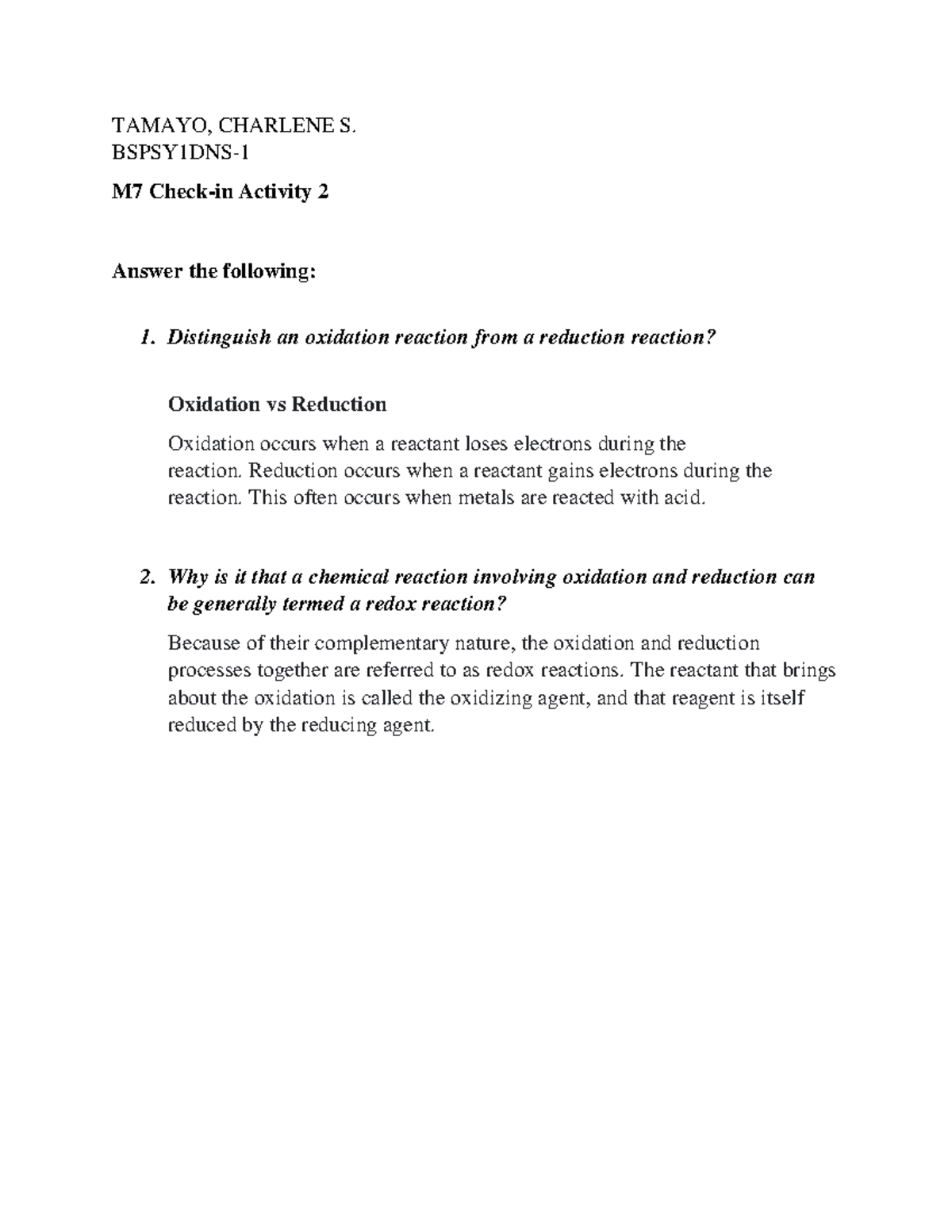 M7 Check-in Activity 2 Inorg CHEM - TAMAYO, CHARLENE S. BSPSY1DNS- M7 ...