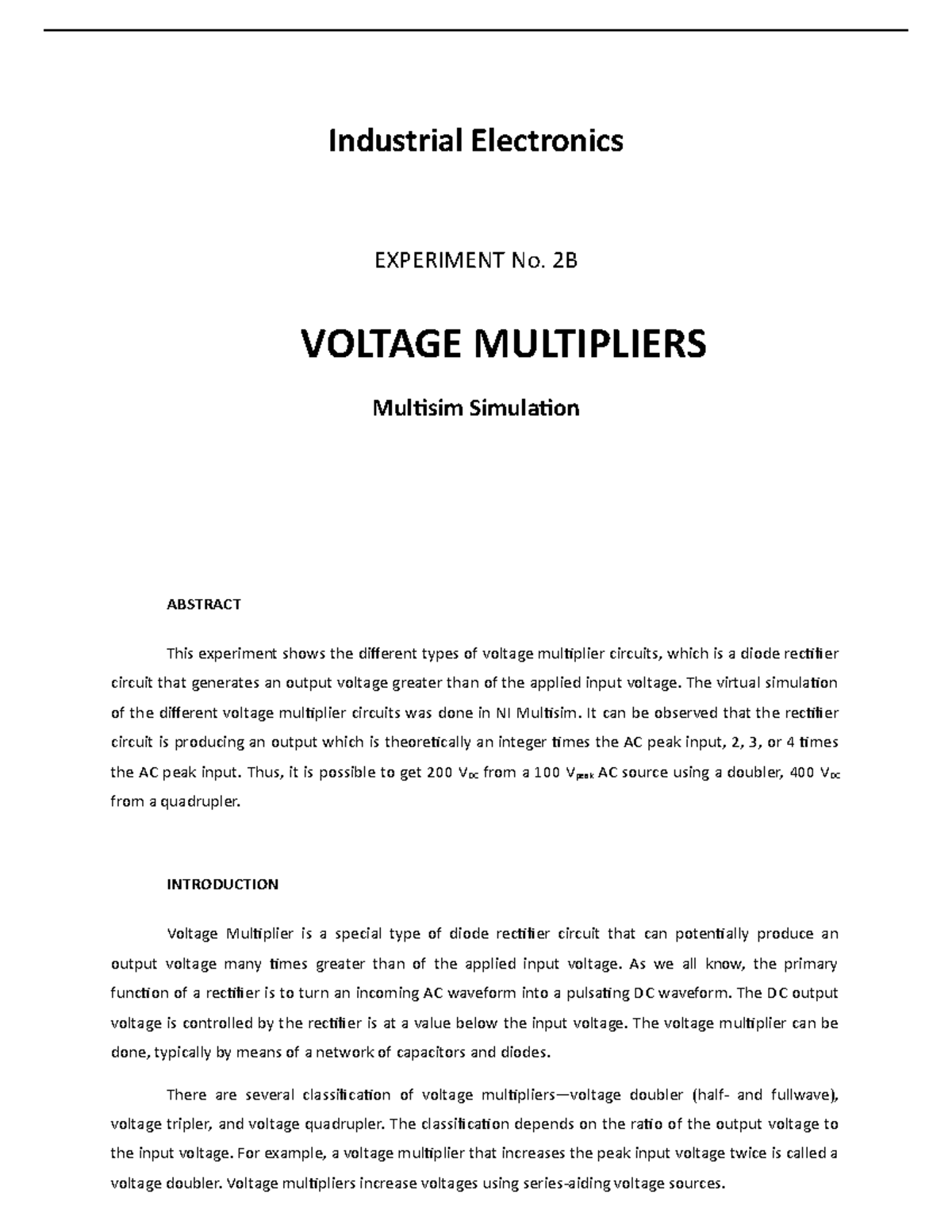 Experiment 2B Voltage Multipliers - Industrial Electronics EXPERIMENT No. 2B VOLTAGE MULTIPLIERS ...