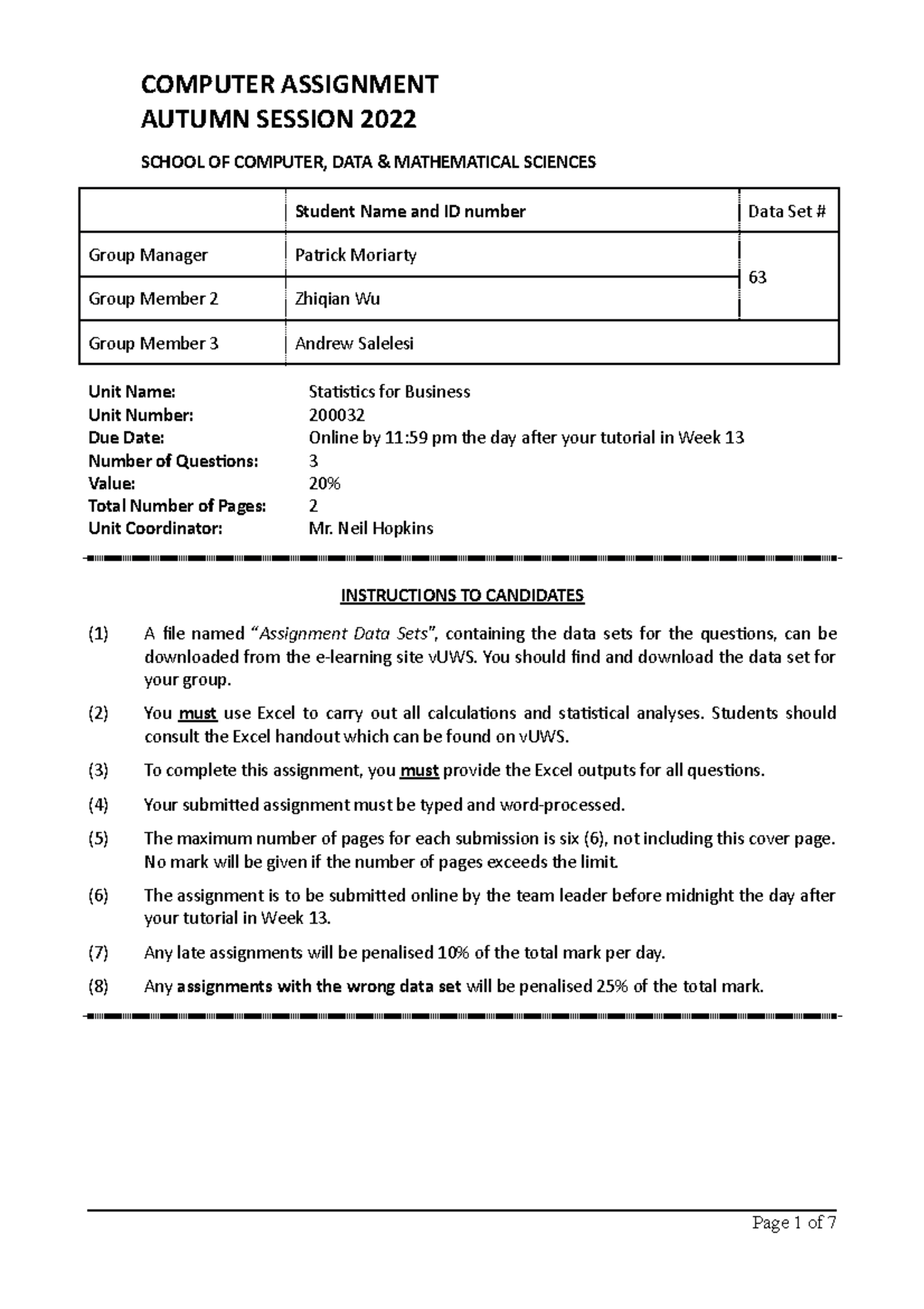 Math1030 excel assignment - COMPUTER ASSIGNMENT AUTUMN SESSION 2022 ...
